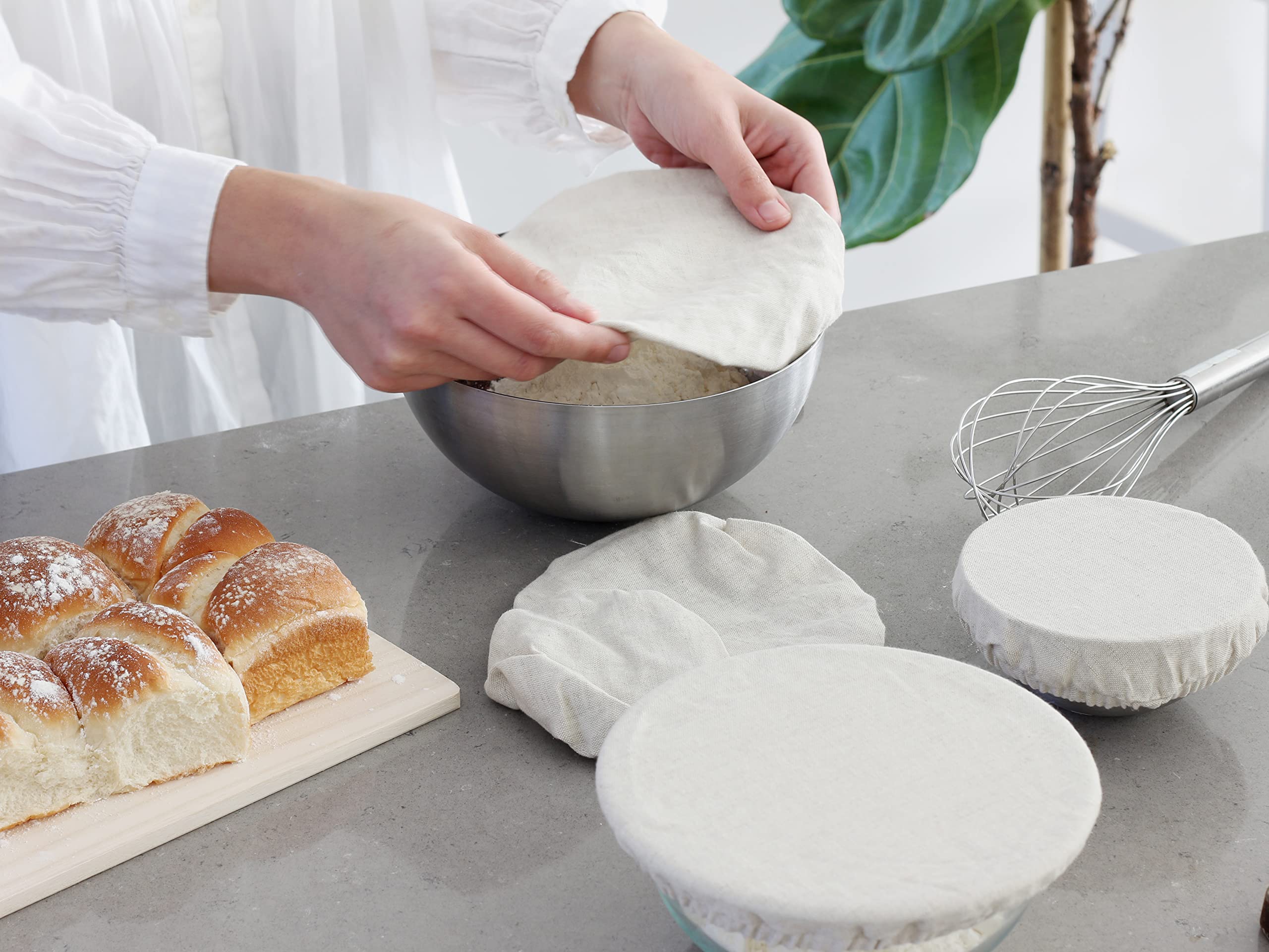 Reusable Fabric Bowl Covers for Bread Proofing - 4 Pieces, Washable and All-Natural 100% Cotton Cloth Bowl Covers for Bread Rising - Elastic Closure Fits Multiple Bowl Sizes (Off-White)