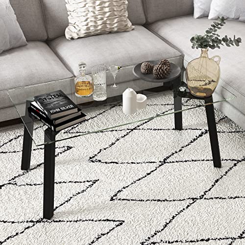 Tangkula Tempered Glass Coffee Table, Rectangular Center Table with Heavy Duty Metal Frame, Modern Minimalist Cocktail Table, Clear Tea Table for Living Room Reception Office, 44 x 24 x 18 Inch
