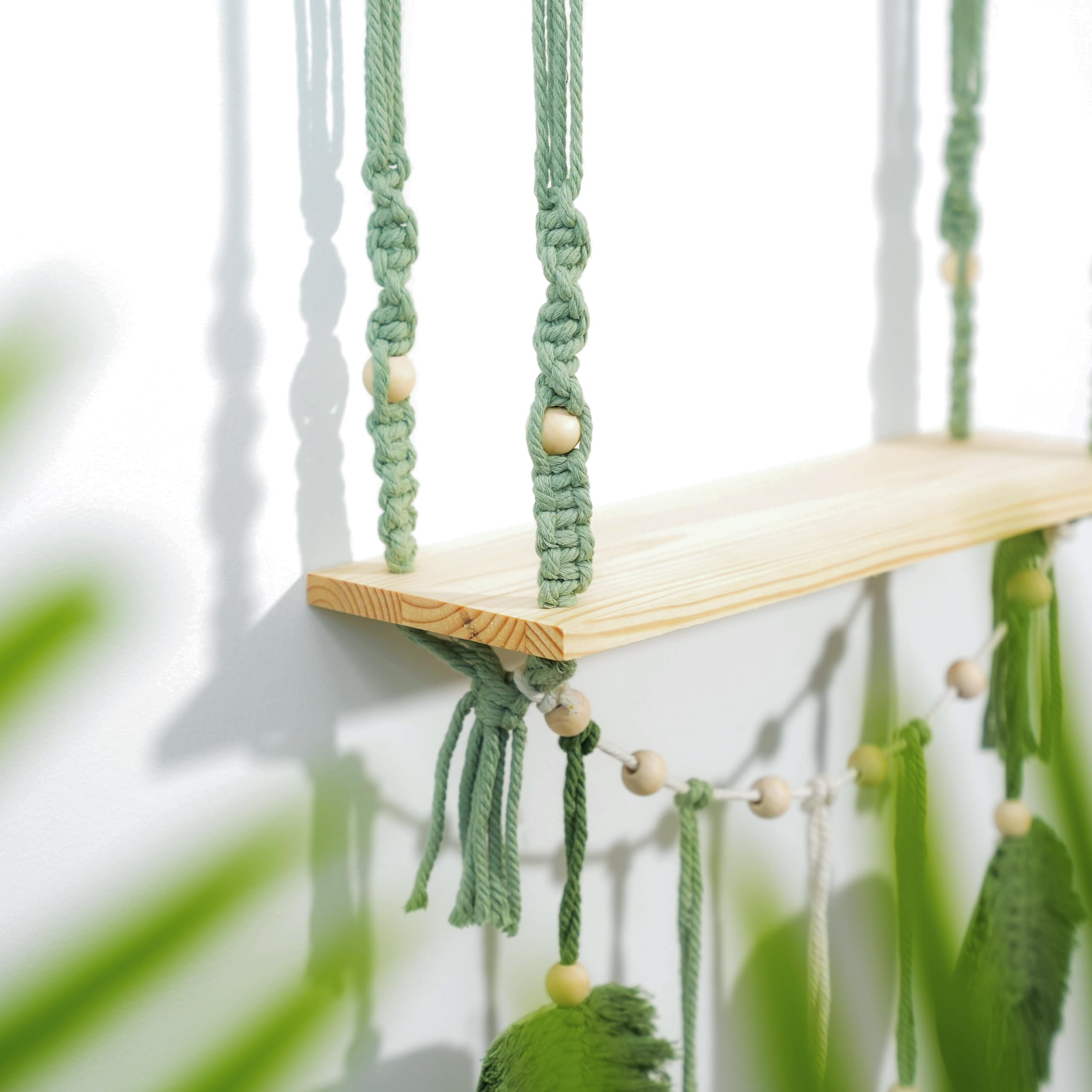 Macrakido - Macrame Wall Hanging 2-Tier Shelf, Boho Floating Wooden Shelves with Green Woven Rope and Leaf Decor,Plant Display for Bedroom, Dorm, Nursery, Living Room, and Bathroom Wall Decor