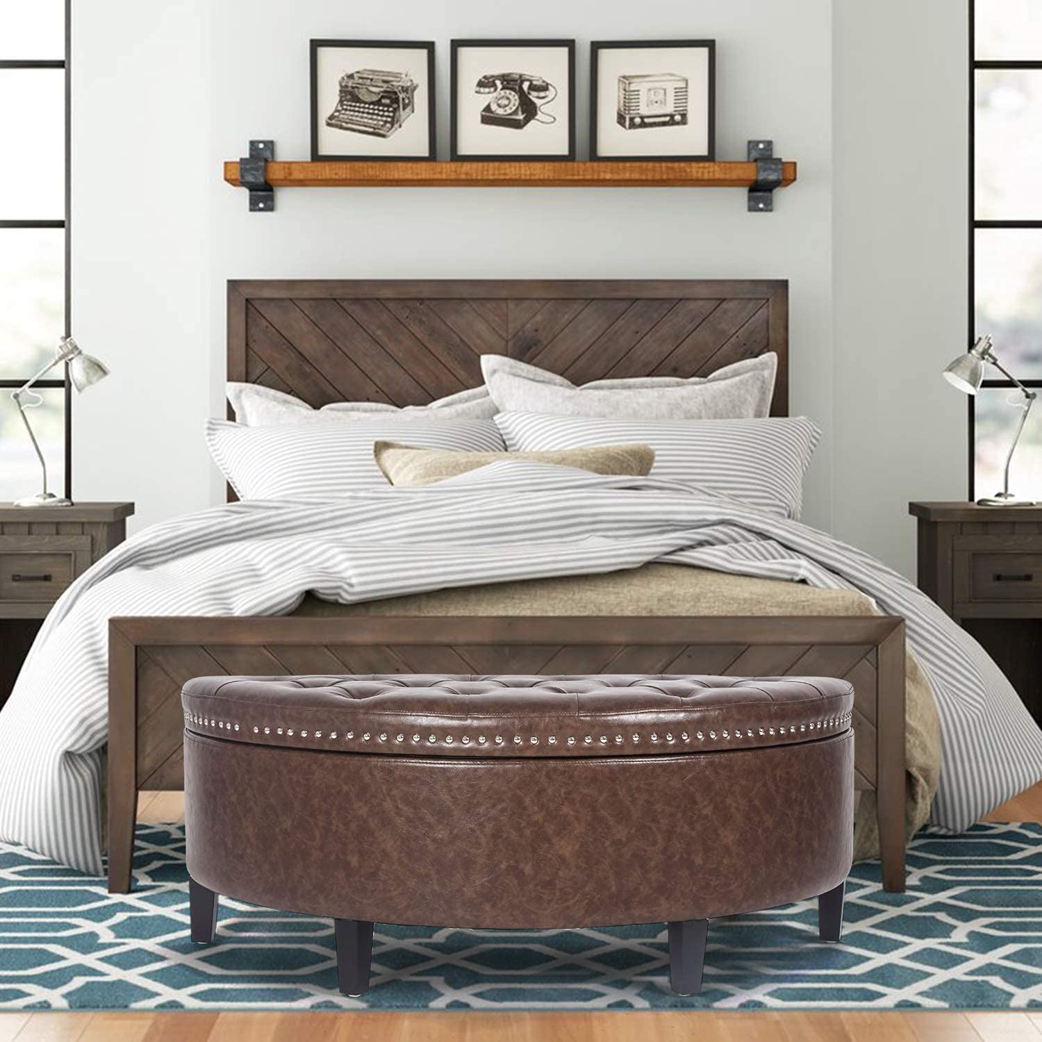 Homebeez 43.5" Half Moon Storage Ottoman Bench, Lift Top Faux Leather Storage Ottoman Bench for Bedroom Living Room (Light Brown)