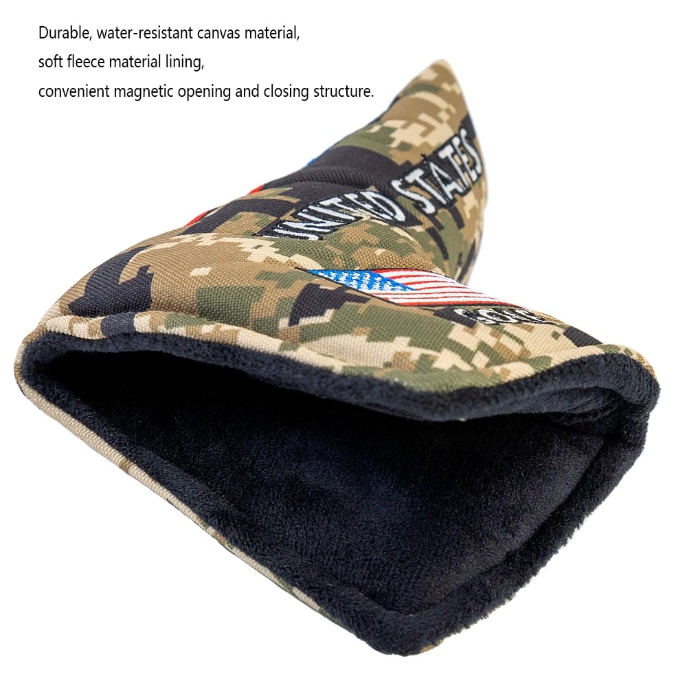 GOOACTION Camo Golf Club Blade Putter Cover Magnetic Closure Design Camouflage Green with Stars and Stripes Flag Pattern Synthetic Leather Waterproof Putters Headcover