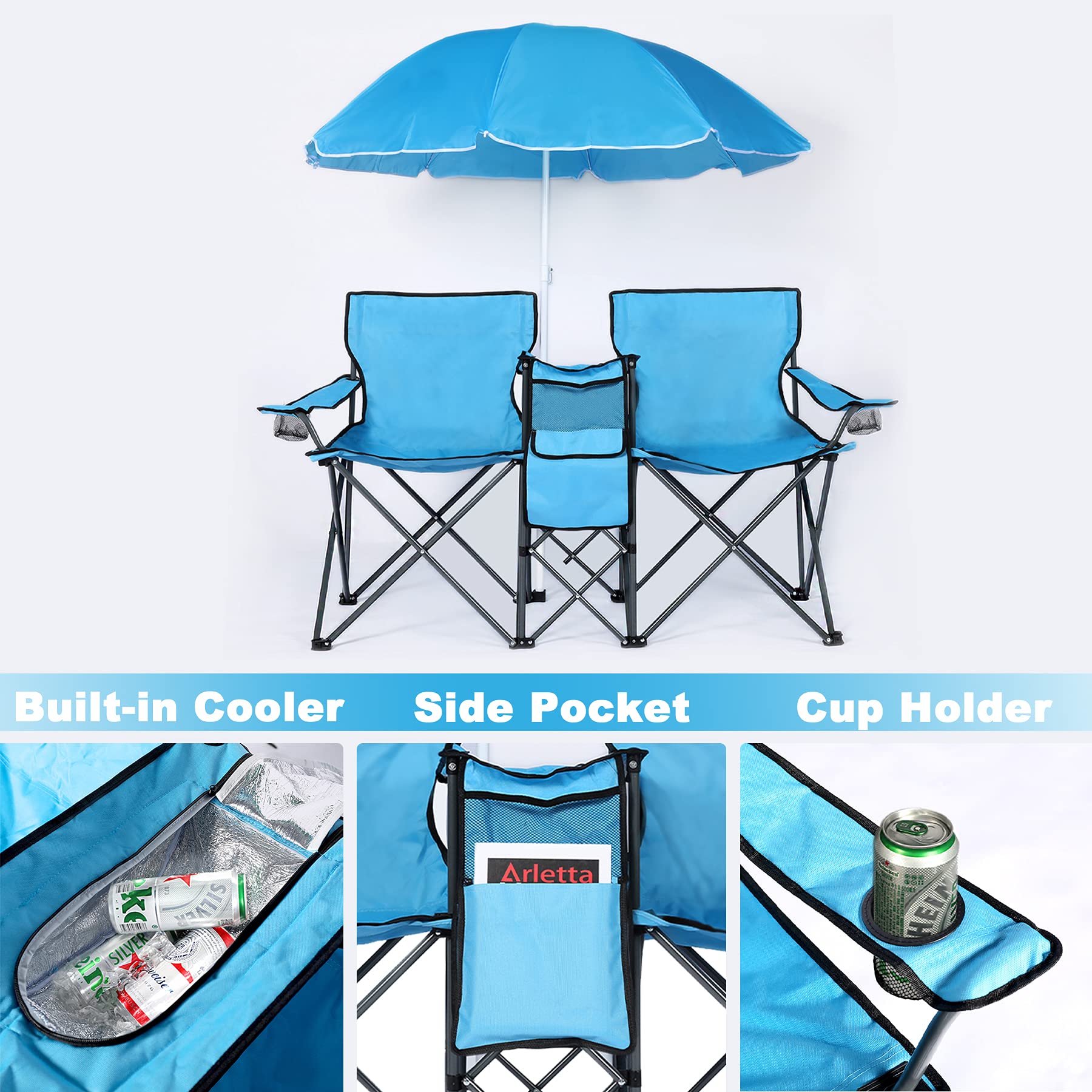 LAZZO Double Folding Camping Chairs, Portable Camping Chairs w/Removable Umbrella Mini Table Cooler Bag, Outdoor Picnic Double Folding loveseat Camp Chairs for Beach Patio Pool Park (Pineapple)