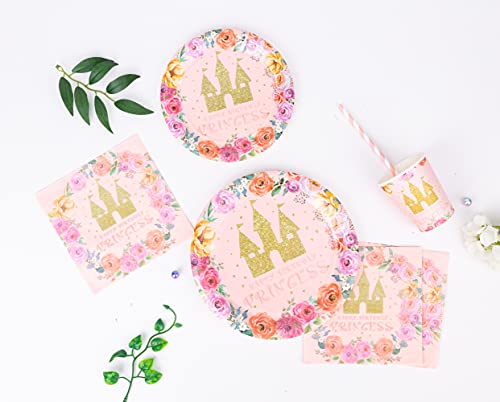 Princess Party Supplies-Princess Party Tableware Set Include Princess Castle Plates, Napkins, Cups Straws for Girls Princess Baby Shower Decorations Serves 10