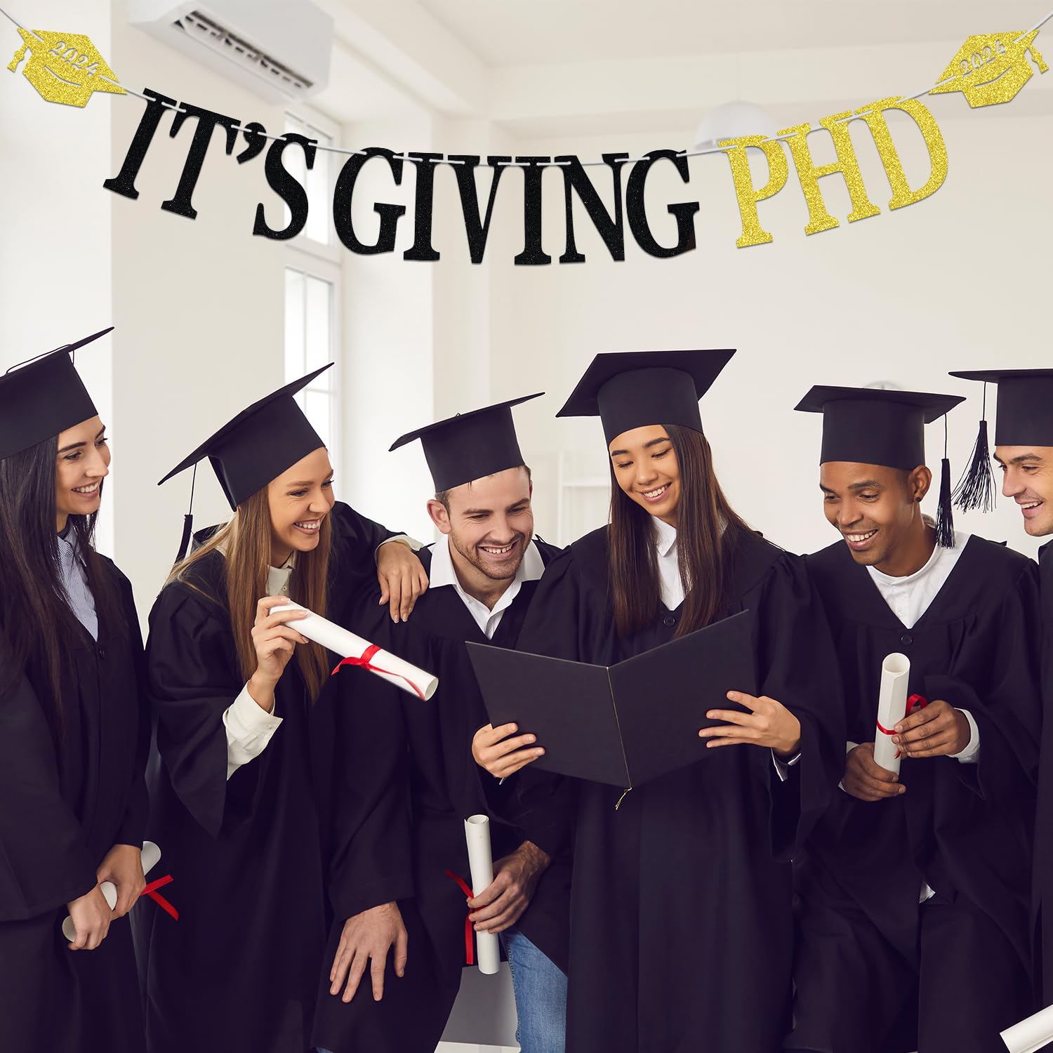 Gold Glitter It's Giving PHD Banner, You PHDid It/PHinally Done/Class of 2025, 2025 PHD Graduation Party Decorations Supplies