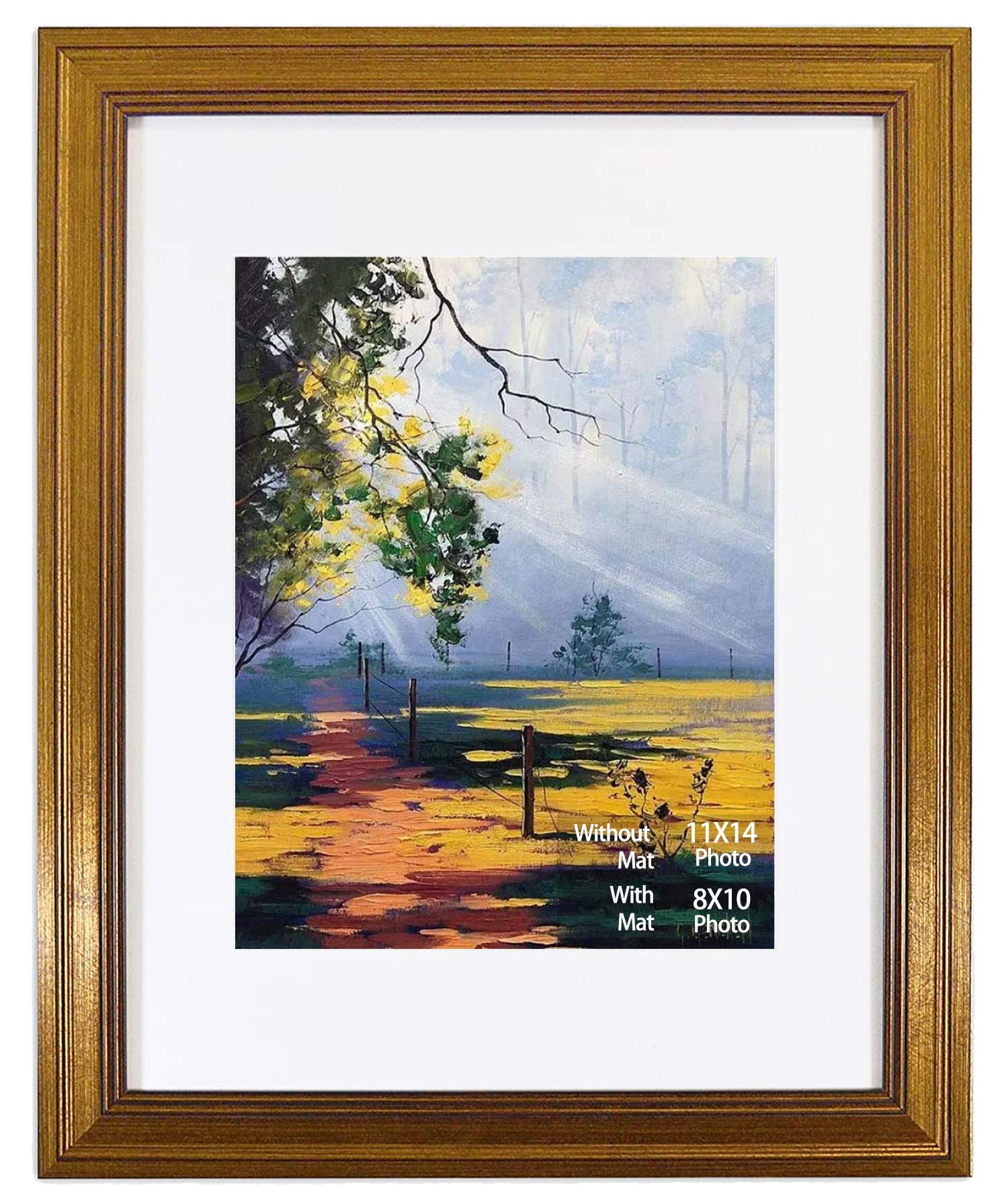 Golden State Art, 11x14 Dark Gold, Wall Hang Photo Frame. includes White Mat for 8x10 Picture & Real Glass