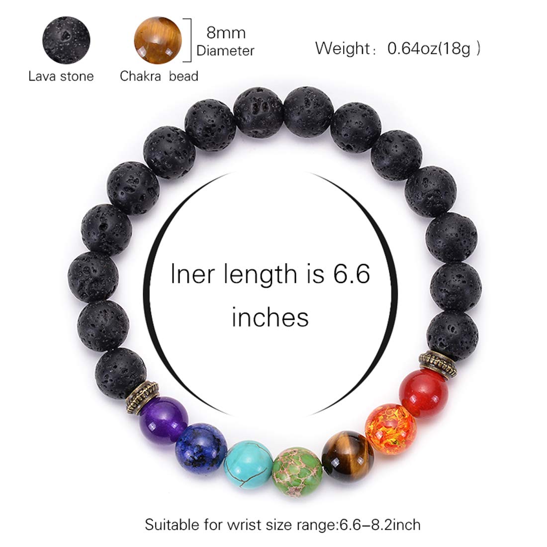 GelConnie Lava Rock Chakra Bracelet 7 Chakra 8mm Natural Stone Healing Bracelet Stress Relief Yoga Beads Anxiety Bracelet Aromatherapy Essential Oil Diffuser Bracelet Bangle