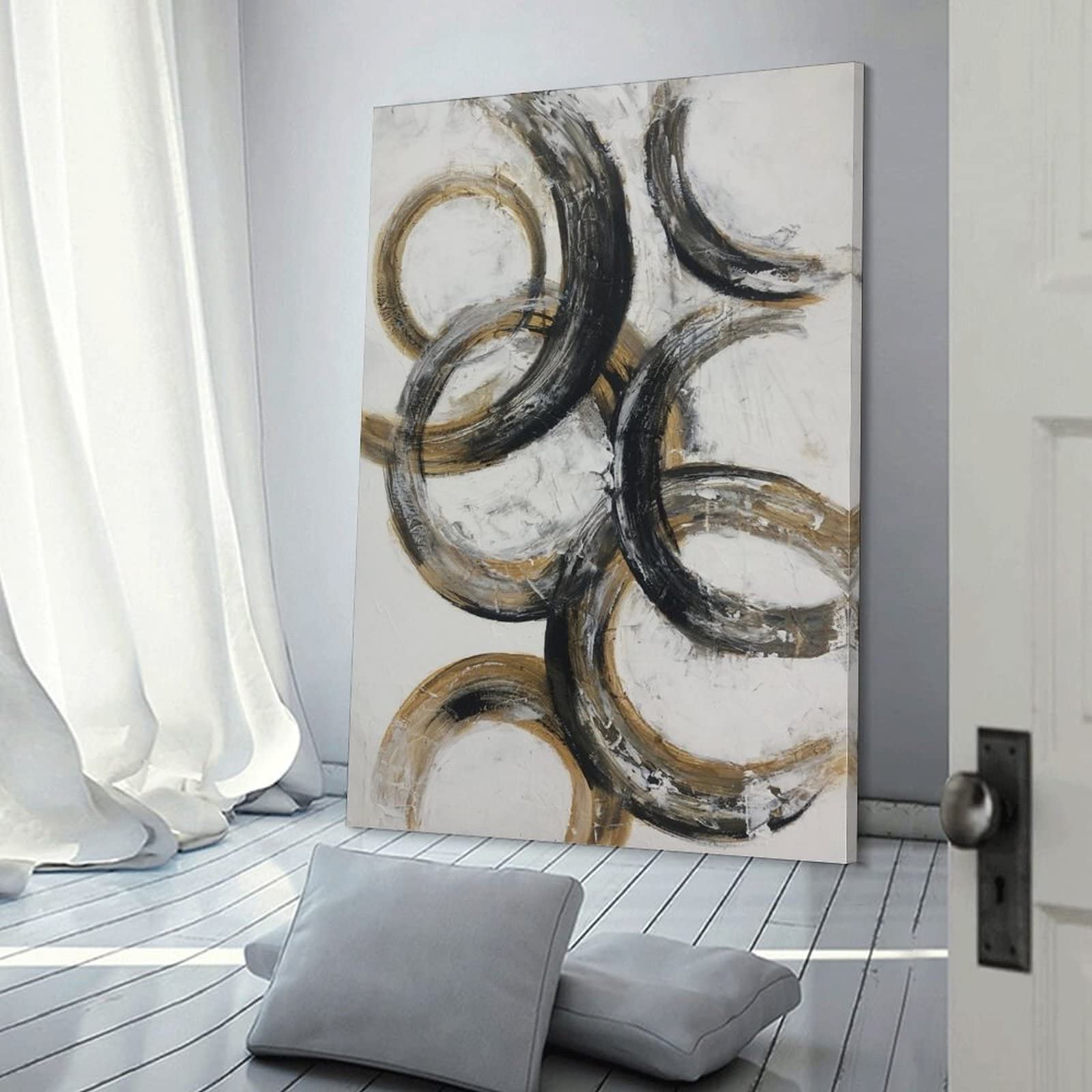 Hand-Painted Abstract Oil Painting Black White Circle Fine ArtHandmade Modern Acrylic Artwork Texture Painting Original Paintings Canvas Wall Art16x24inch(40x60cm)