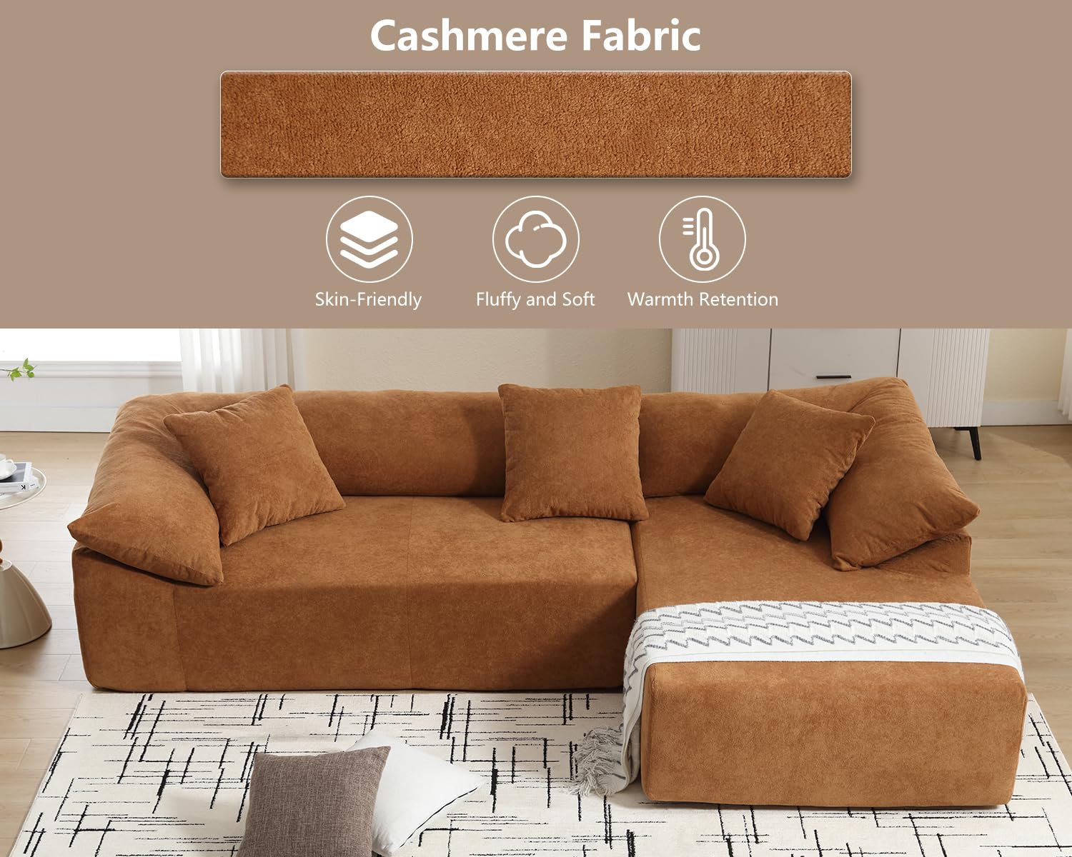 Taiweny Cashmere L Shaped Sofa Modern Floor Combination Sofa, 129.92" L-Shape Modern Upholstered Couch with Chaise Lounge, 3 Pillows, Modular Sectional Sofa with Cloud Deep Seat for Living Room Brown