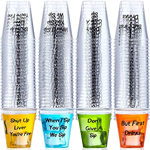 Tanlade 100 Pcs Clear Plastic Shot Glasses 2 oz Disposable Mini Plastic Cups Food Sample Communion Cup Small Containers for Sauce Dessert Wine Sample Tasting Birthday Wedding Party, 4 Styles (Naughty)