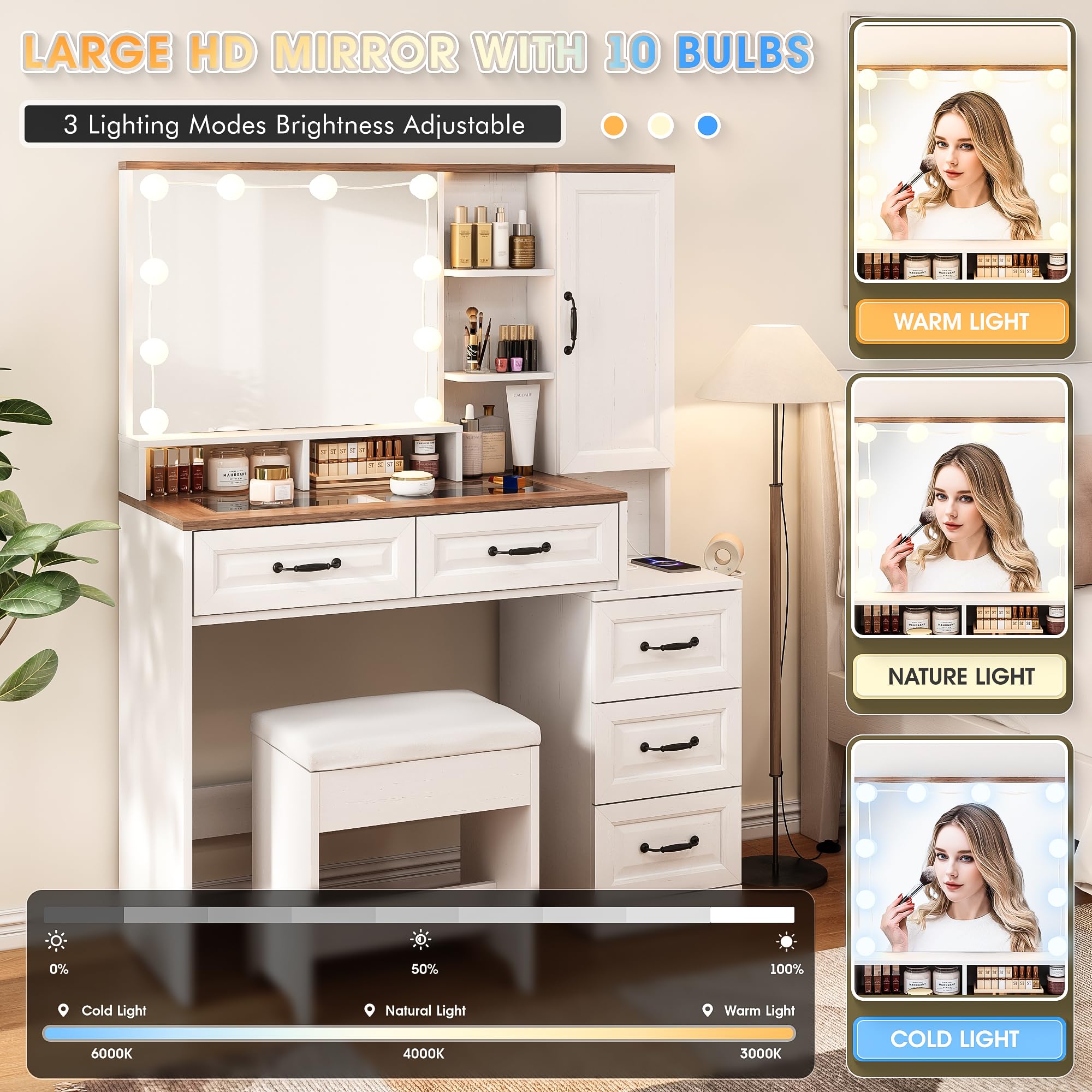 Vabches Makeup Vanity Desk with Lights and Mirror, Brown Vanity Table Set with Charging Station, Glass Top Vanity with RGB Lights, Large Mirror with 3 Lighting Modes, 5 Drawers & Cabinet, 40.7in(L)