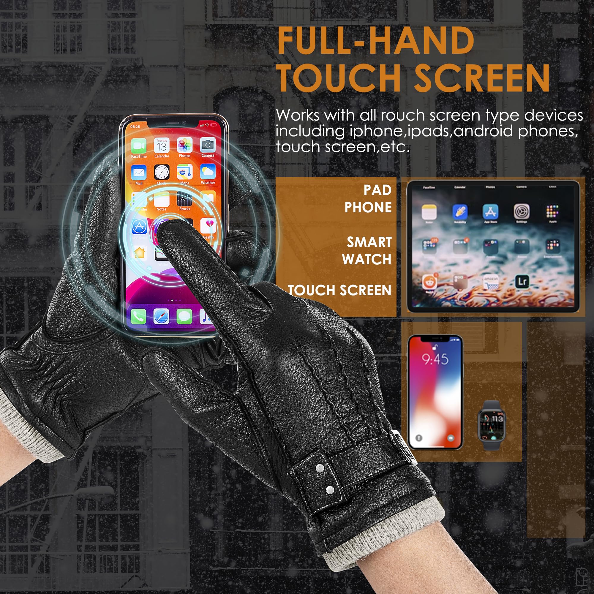 Genuine Sheepskin Leather Gloves for Men, Winter Warm Touchscreen Texting Driving Motorcycle Cashmere Lined Gloves (Black, XXL)