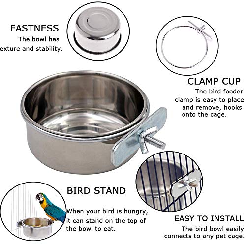 Tfwadmx Bird Feeding Dish Cups Parrot Food Bowl Clamp Holder Coop Cup, Bird Cage Water Bowl for Parakeet African Greys Conure Cockatiels Lovebird Budgie Chinchilla 2 Pack