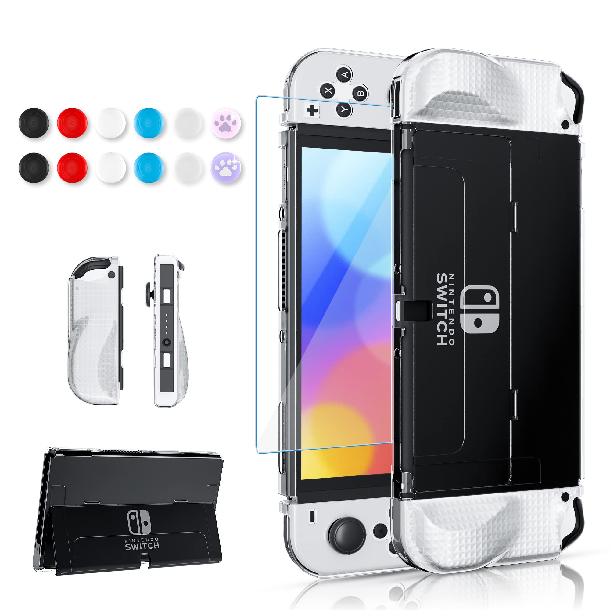 Improved Version - FANPL Clear Case Kit for Nintendo Switch OLED, PC Cover for Switch OLED Console and TPU Case with Transparent Lattice Pattern for Joy Con, with Screen Protector and Thumb Caps