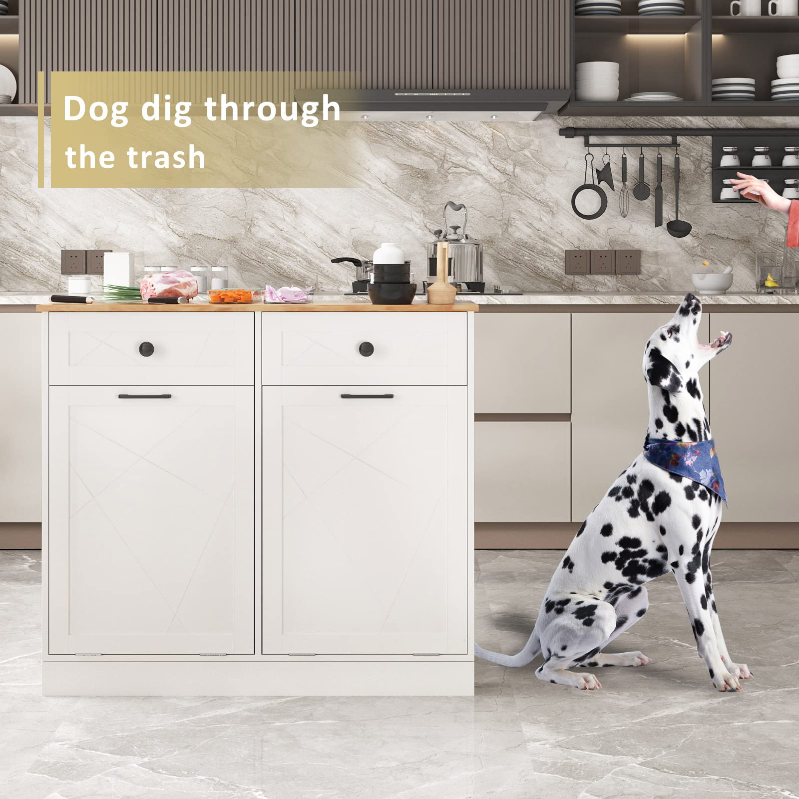 Vabches Trash Cabinet Double Trash Can, Dog Proof Tilt Out Trash Bin Holder, Hideaway Free Standing Recycling Cabinet with 2 Drawers for Kitchen Living Room White
