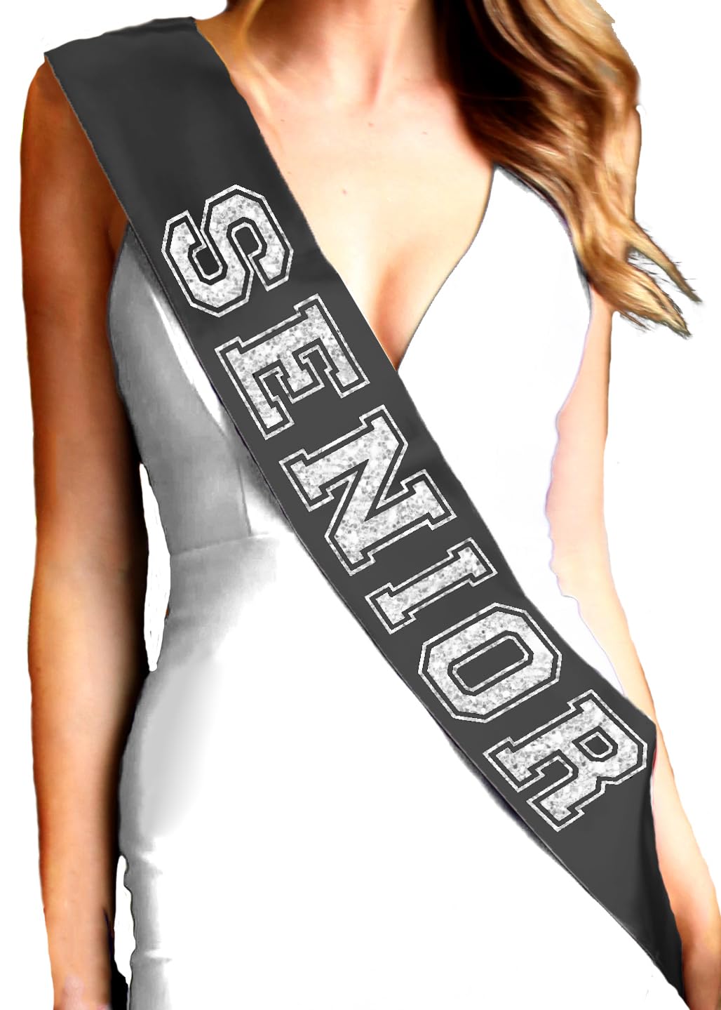 RhinestoneSash Senior Sashes - Senior Silver Glitter Black PREMIUM GRADE SATIN Sash - UNISEX High School Senior Sash - Black Sash(Senior) Blk