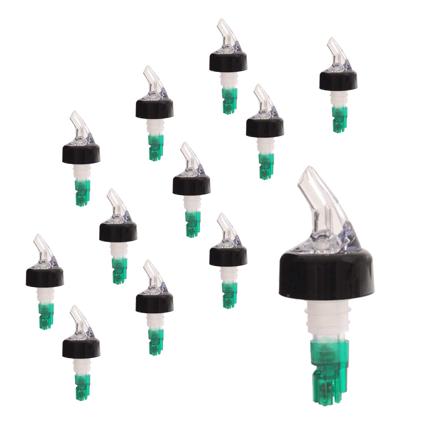 Measured Alcohol Bottle Pourer 3/4 OZ Green, Black Collar, Barware (12 PC)