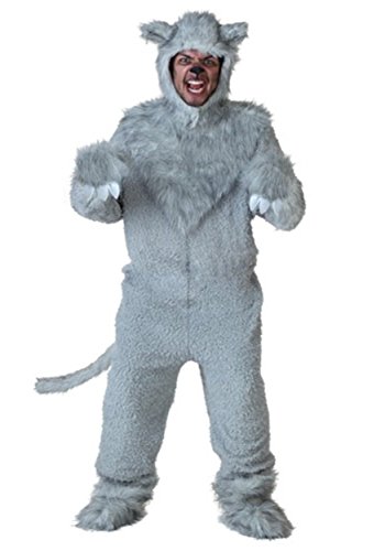 Fun Costumes Adult Wolf Halloween Costume | Faux Fur Polyester Jumpsuit With Attached Mitts And Tail Standard