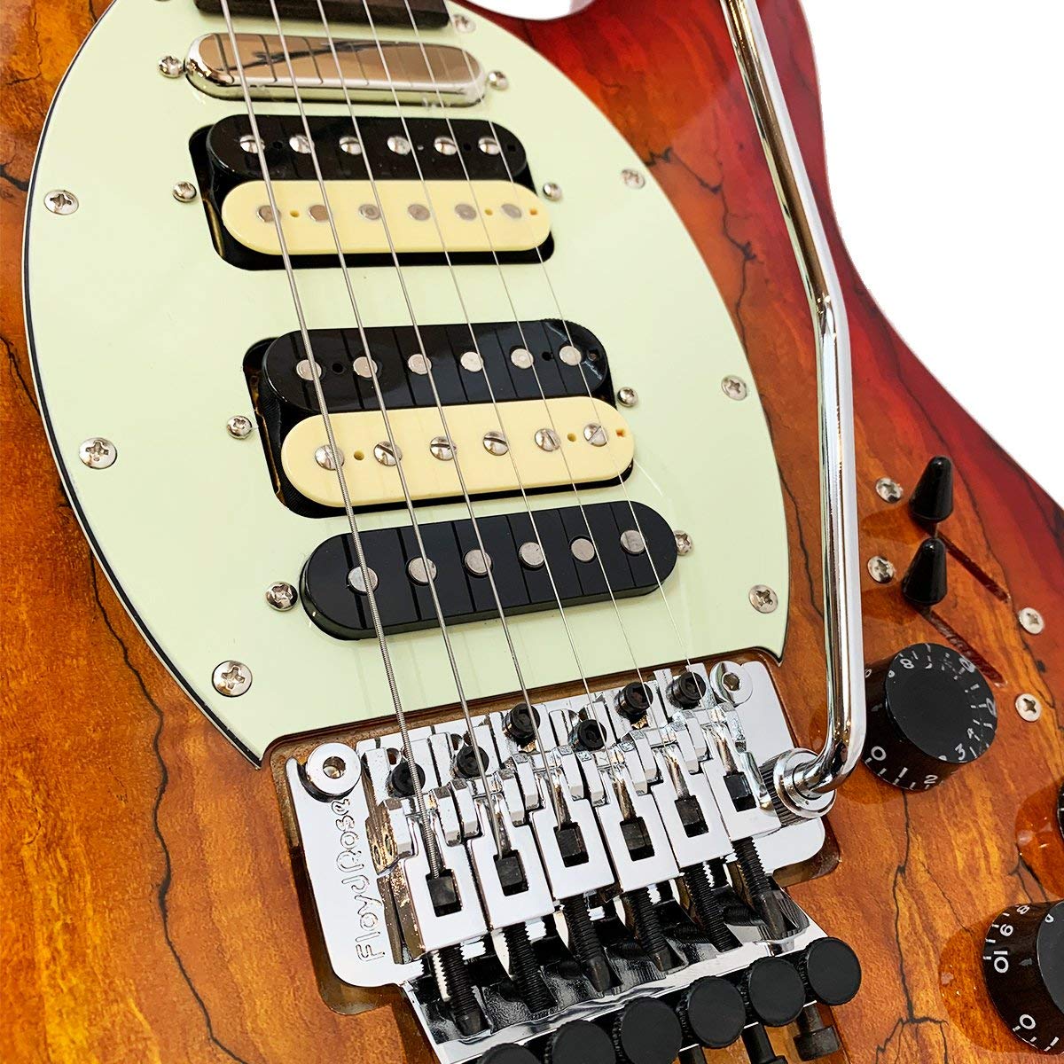 GoDpsMusic 6 String Sawtooth ET Hybrid Electric Guitar Designed by Michael Angelo Batio w Gig Bag and Accessories, Right, Spalted Maple Trans Cherry Burst (ST FL-SMTCB-KIT)