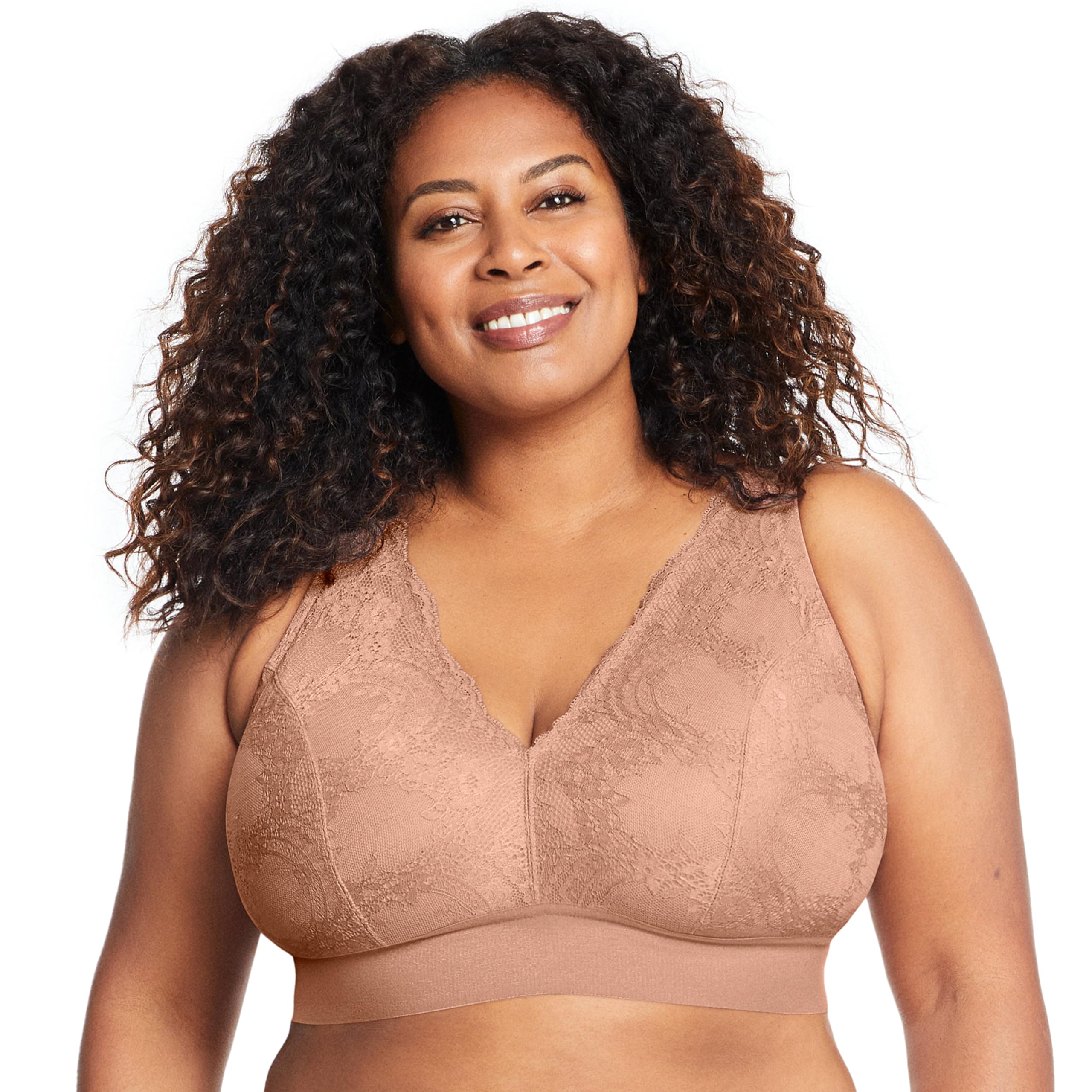 Full Figure Plus Size Bramour Lexington Lace Plunge Bralette Wirefree #7013 Cappuccino