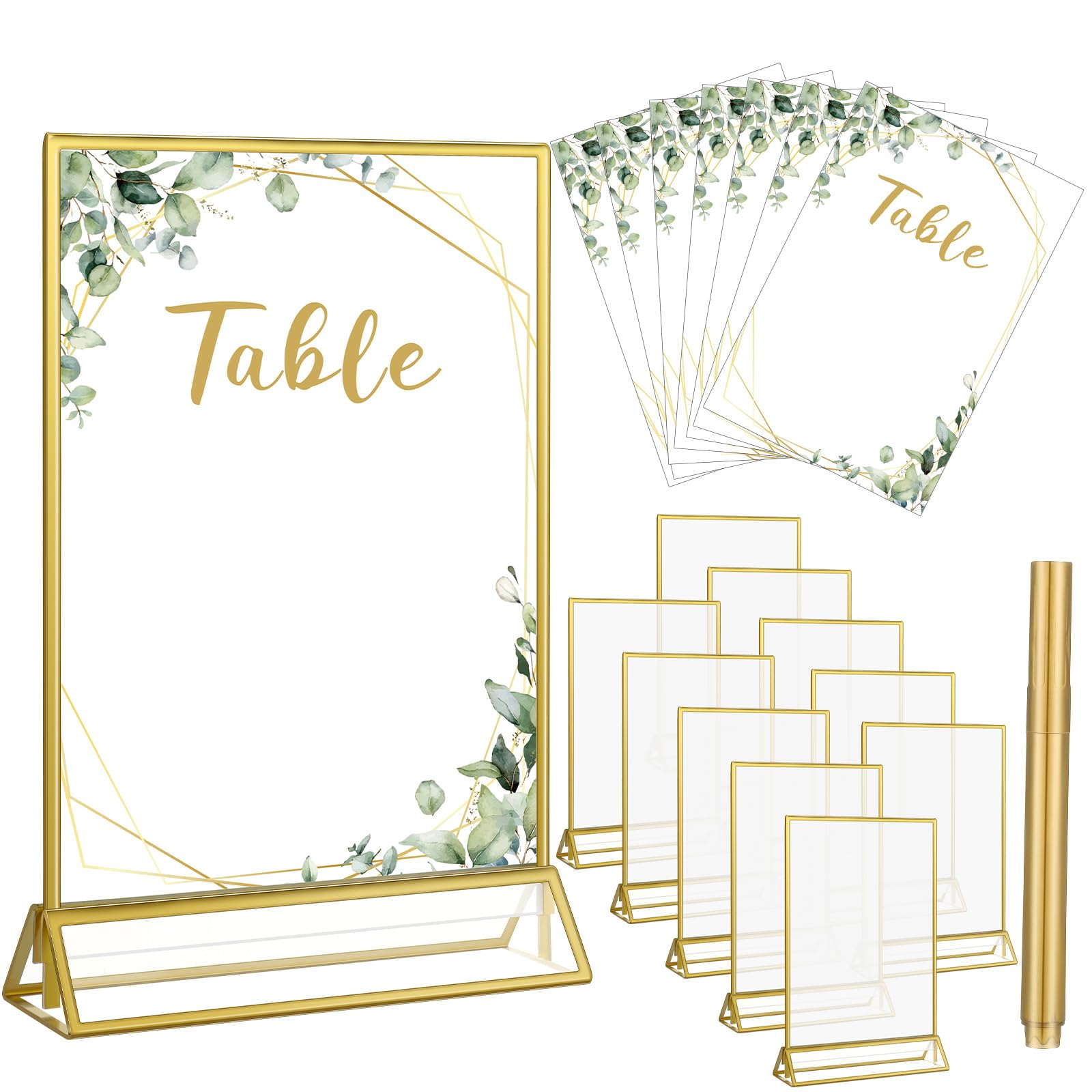 Threehoney 12 Pack Wedding Table Number Holders with 25 Pcs Eucalyptus Table Number Cards 5x7 Inch Gold Acrylic Table Number Frames with Number Cards for Wedding Reception Birthday Bridal Party