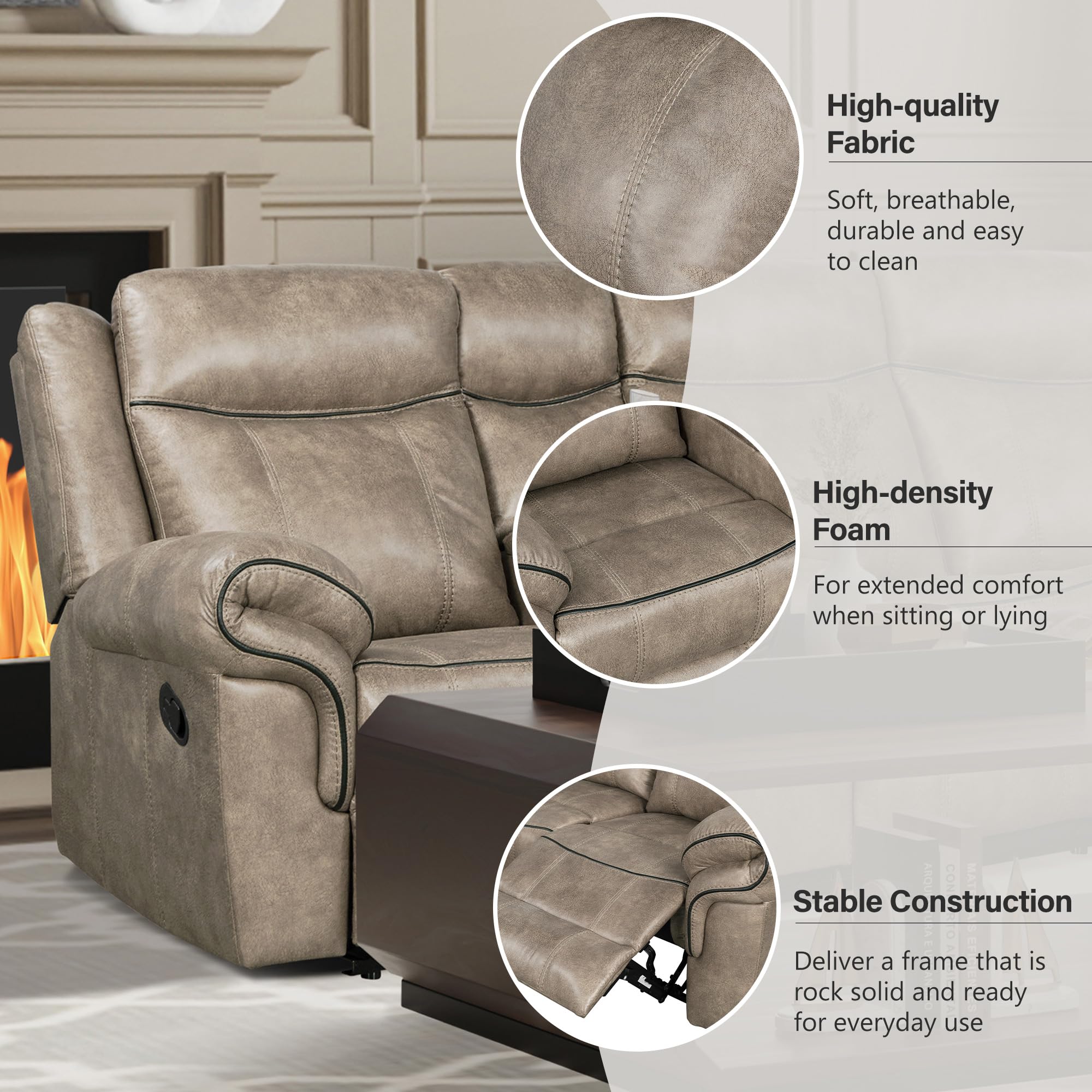 Yoglad Manual L-Shaped Reclining Sofa - Palomino Fabric Sectional Couch with 2 Cup Holders, USB Ports, Hidden Storage, 2 Power Sockets, for Living Room Apartment RV Theater (Light Brown)