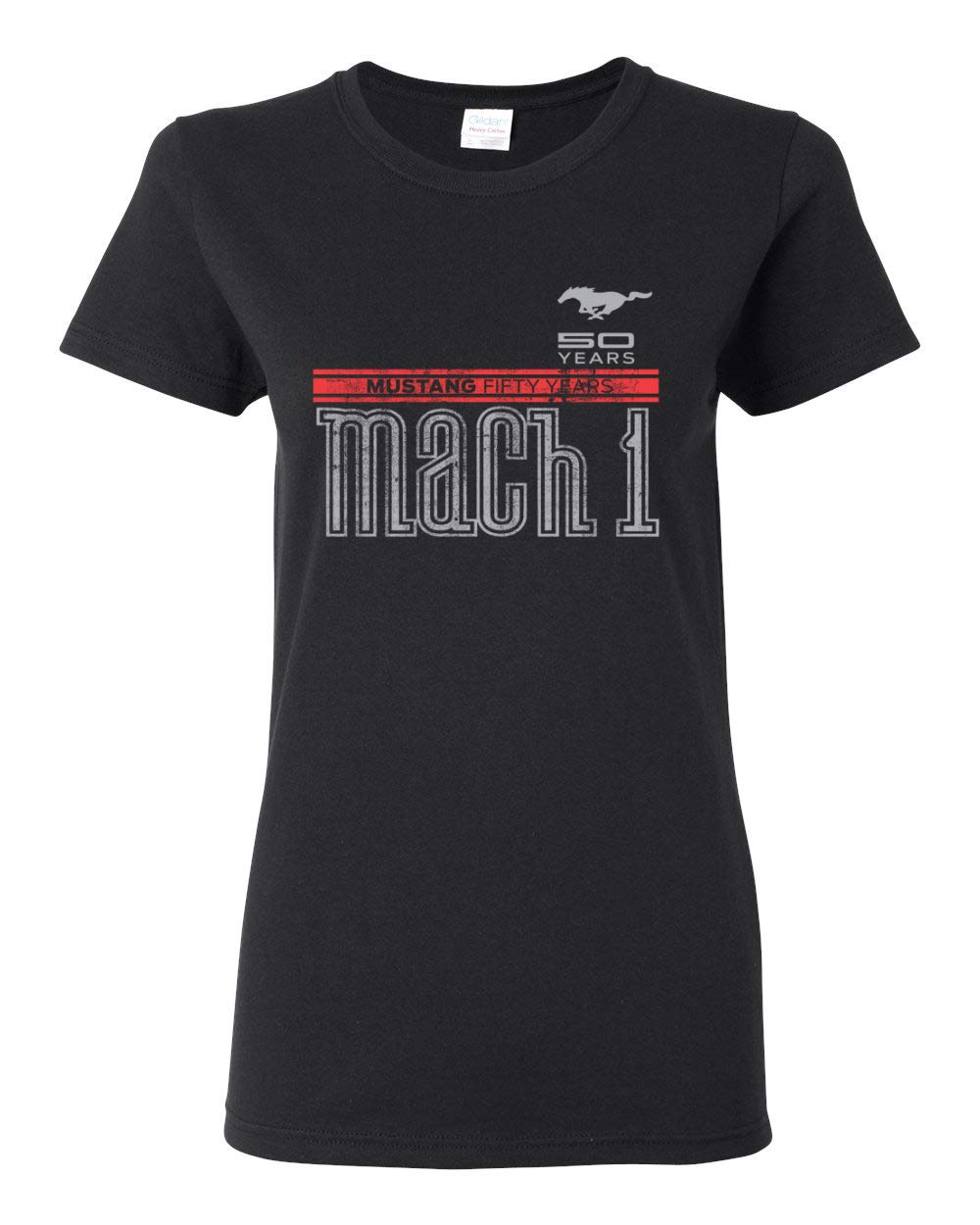 Ford Mustang 50 Years Logo Mach 1 Classic Emblem Cars and Trucks Womens Graphic T-Shirt, Black, Large