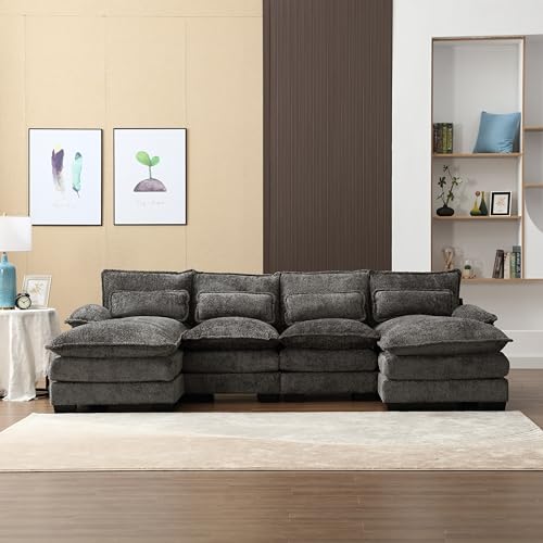 U Shaped Modular Sectional Sofa with Double Chaise, Comfy Chenille Upholstery Cloud Couch, Large Overstuffed Sleeper Sofá with Wooden Legs & Memory Foam for Living Room Furniture Sets