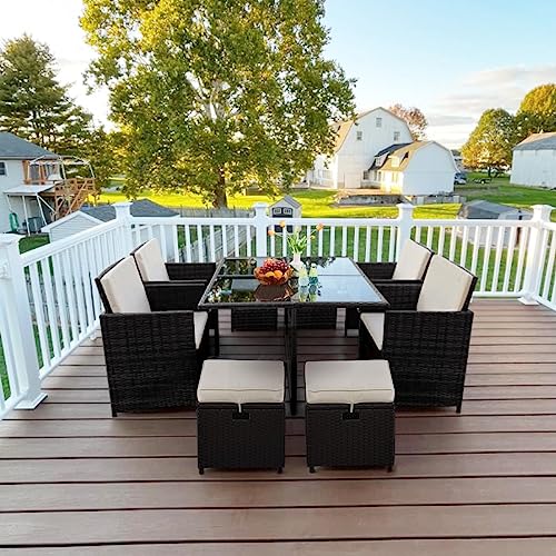 Yaheetech 9-Piece Patio Dining Sets Outdoor Space Saving Rattan Chairs with Glass Table, Wicker Patio Furniture Sets Outdoor Sectional Conversation Set with Removeable Cushions, Black