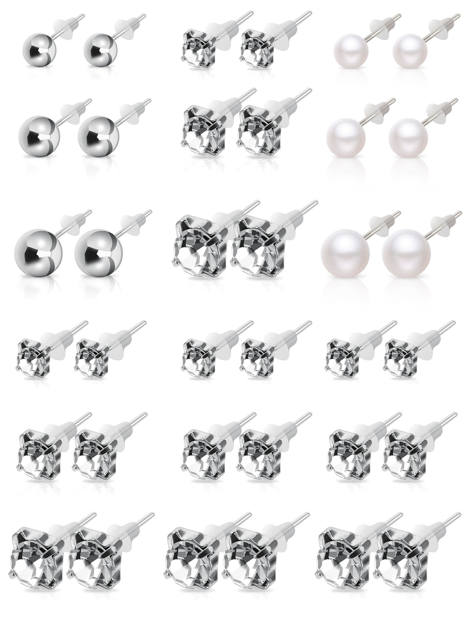 Frienda 30 Pairs Stud Earrings Multiple Earring Fake Crystal Pearl Earring Set (Silver)