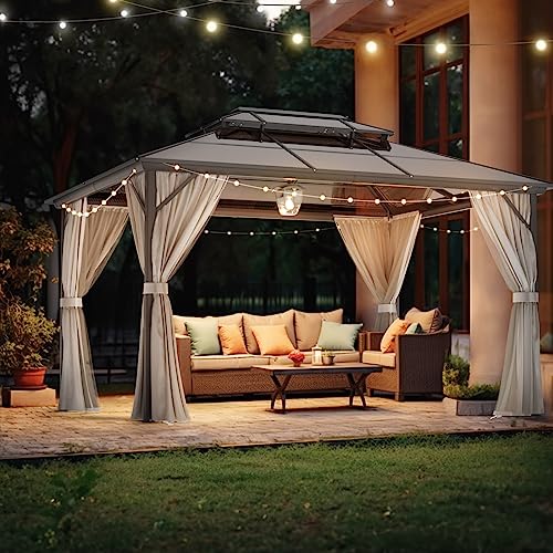 VINGLI 10โ x 13โ Outdoor Hardtop Gazebo Polycarbonate Double Roof Canopy Aluminum Frame Pavilion with Curtains and Netting Patio Gazebo