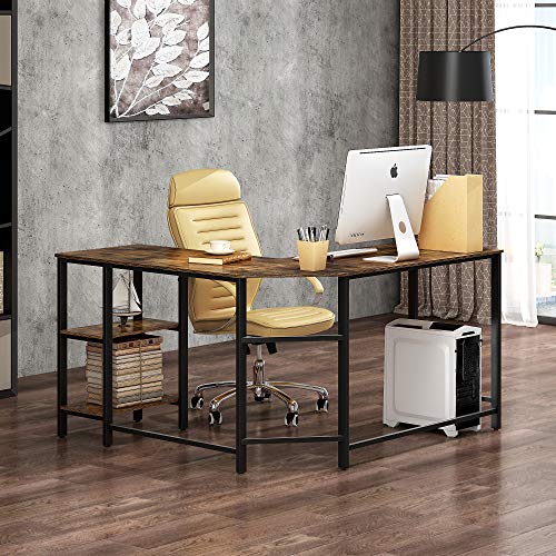 Wodeer L Shaped Computer Desk with Storage Shelves Corner Gaming Desk Writing Study Table Home Office Workstation Wood & Metal (Rustic Brown)