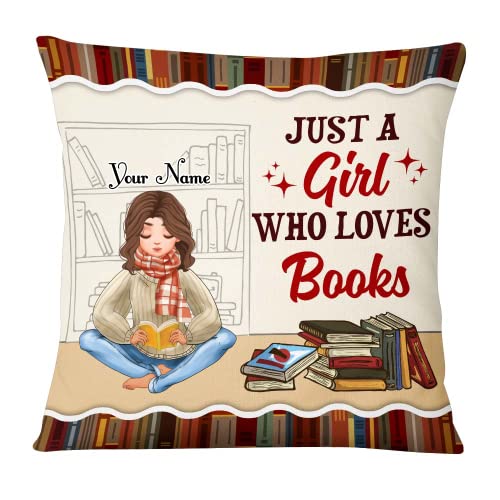 Nimo Personalized Girl & Books Pillow Customize Clothes Skin Tone & Hairstyle Gift for Book Lover Bookworm Meaningful Gift for Friends Birthday Gift Couch Sofa Decor Just A Girl Who Loves Books