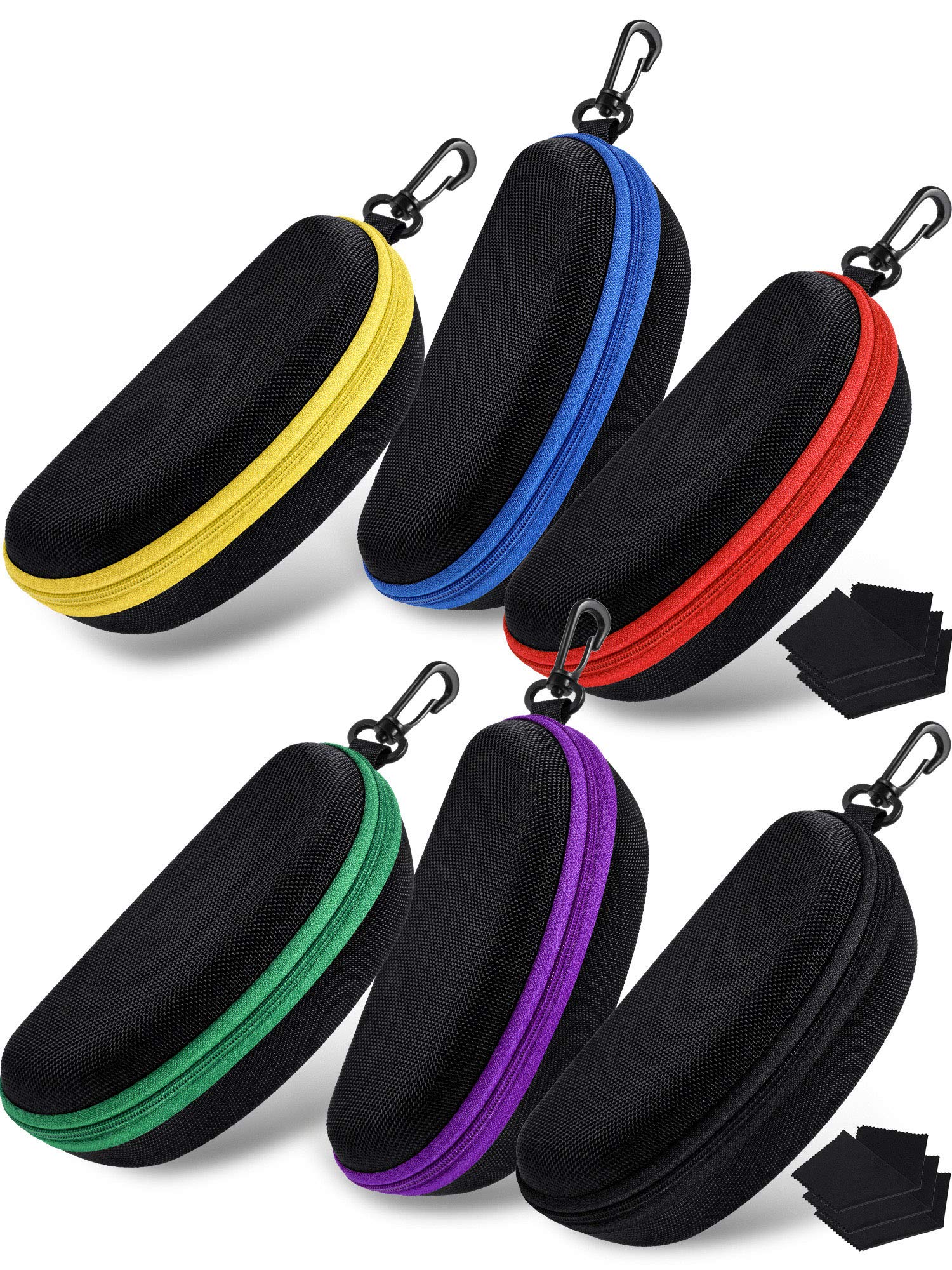 Frienda 6 Pack Sunglasses Glasses Case Portable Hard Sunglasses Case Travel Zipper Eyeglass Case Sunglasses Travel Case with Cloth and Hook, 6 Colors