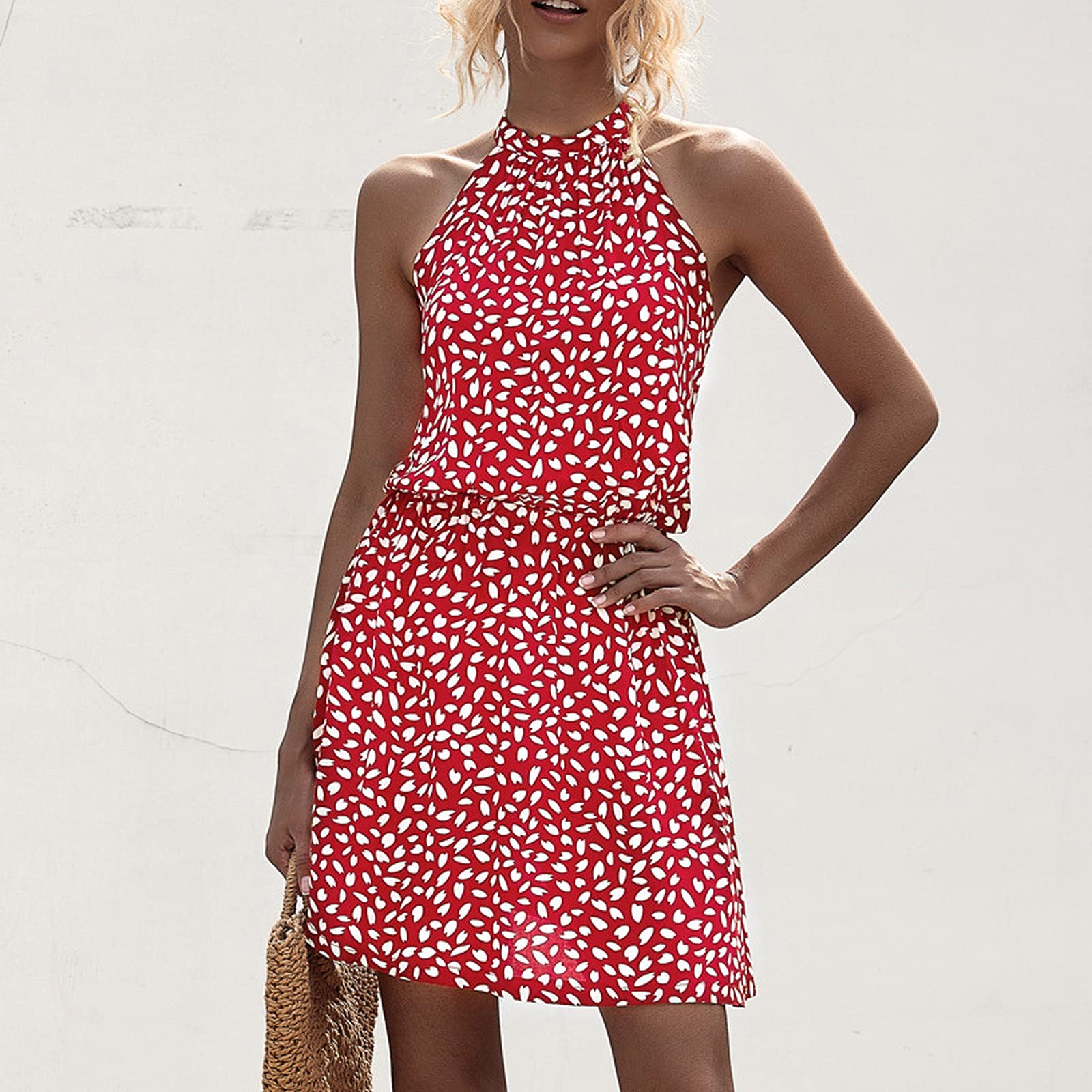 Halter Mini Dress Graphical Printing Crewneck Sundress Back Tie Up Sleeveless Swing Beach Dress for Women Red