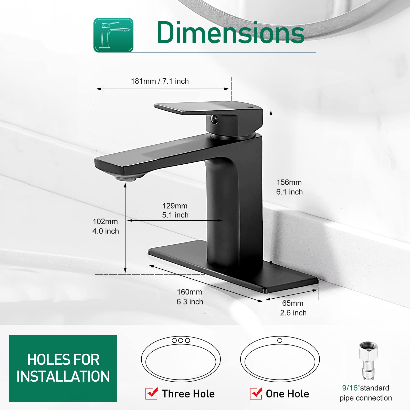 VOTON Black Bathroom Faucet Single Hole Bathroom Sink Faucet Modern Vanity Faucet, One Hole 3 Hole with Deck Plate, RV Camper Lavatory Bathroom Faucet