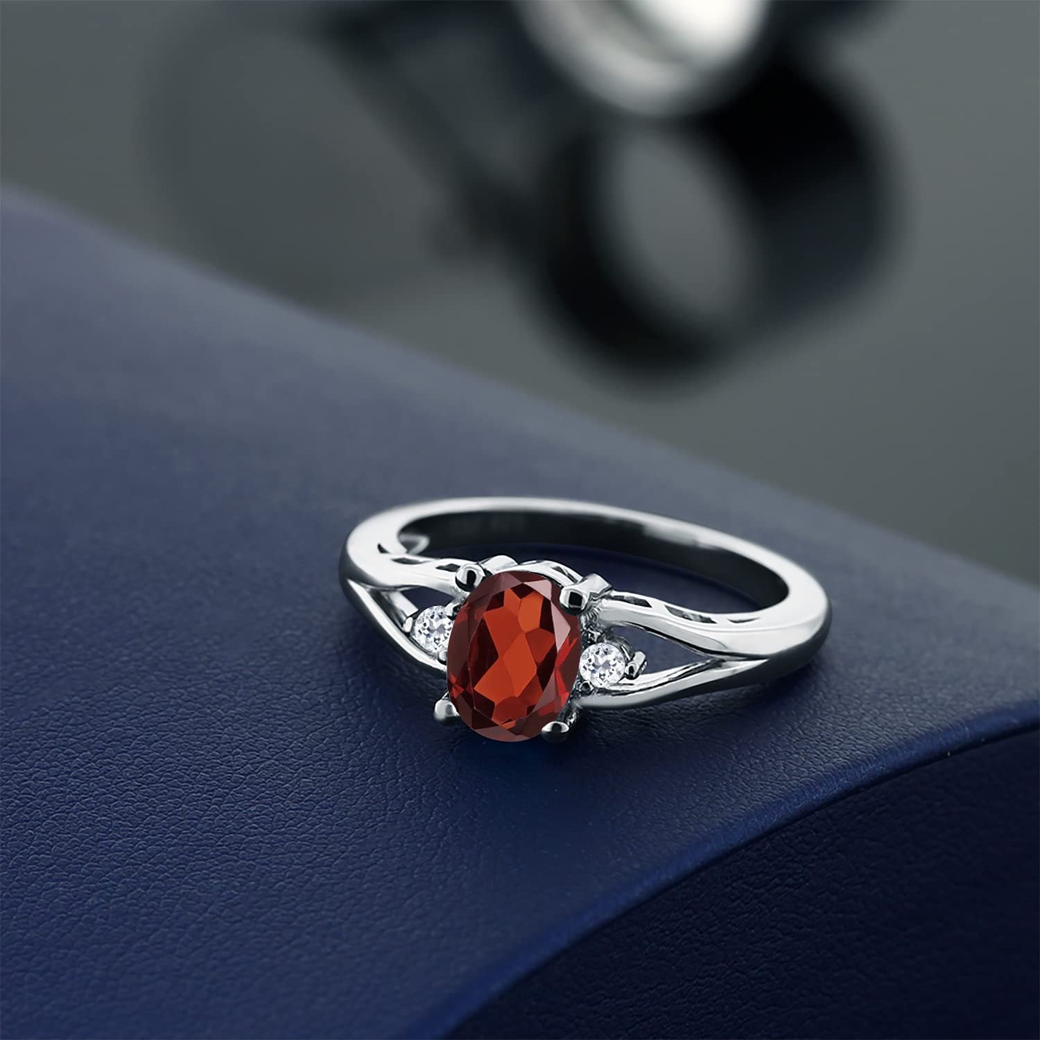 Gem Stone King 925 Sterling Silver Red Garnet and White Topaz 3 Stone Engagement Ring For Women | 1.28 Cttw | Oval 8X6MM | Round 2MM | Gemstone January Birthstone | Size 8