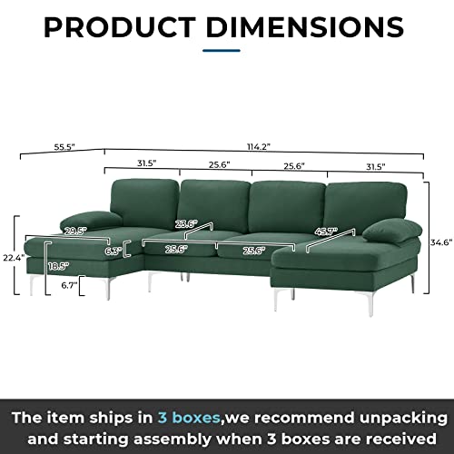VINGLI U Shaped Sectional Sofa,114" Large Sectional Sofa Couch for Living Room,Linen Sectional Sofa with Double Lounge Chaise,Hunter Green