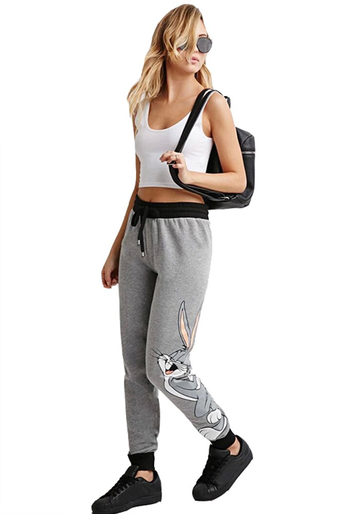 FV RELAY Women's Cartoon Bunny Cat Print Casual Joggers Pants (S,Bunny)