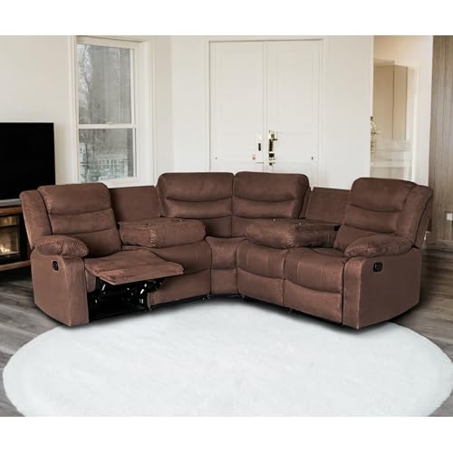 Recliner Sectional Sofa, Microfiber Manual Reclining Sectional Couch with Cup Holders, Living Room/Office (Brown)