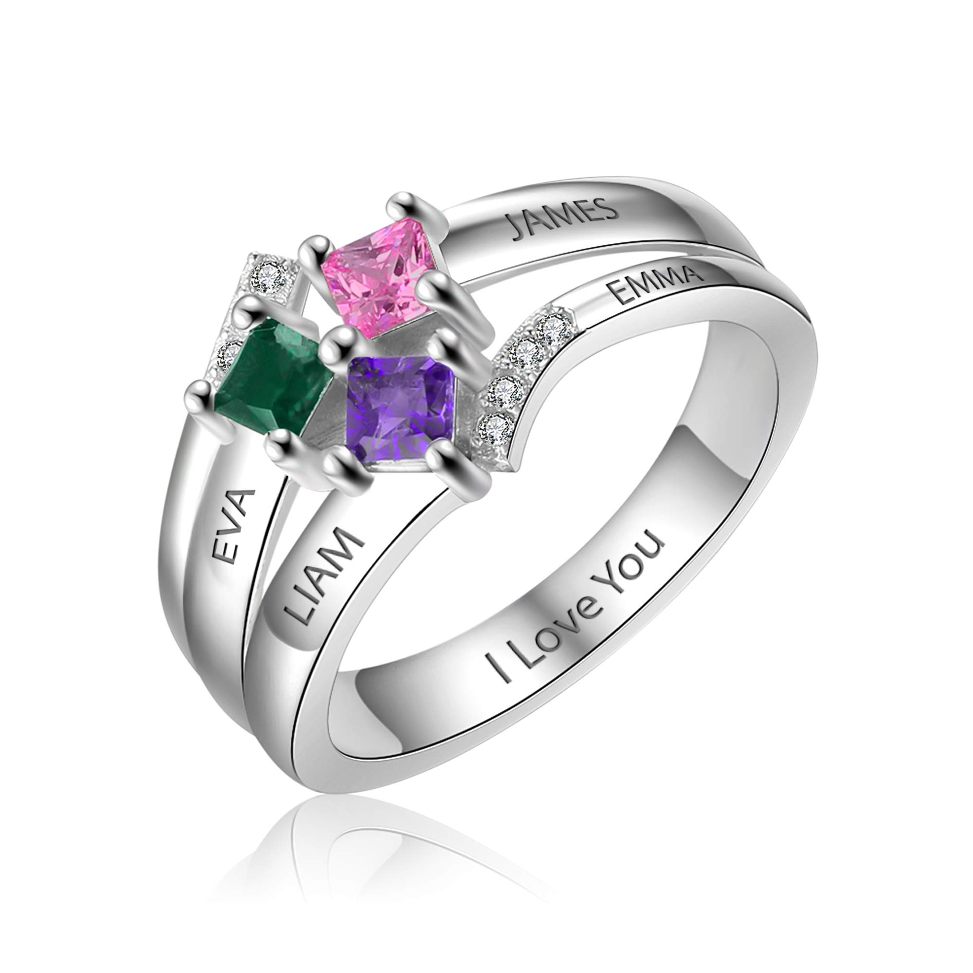 GLAMCARAT Sterling silver Personalized 3 Stone mothers ring Women engraved Name Rings for mom, birthstone ring for her family jewelry Promise Ring