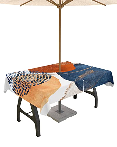 Outdoor Tablecloth with Umbrella Hole and Zipper,Mid Century Terracotta Abstract Geometry Waterproof Tablecloths for Rectangle Tables,Washable Table Cloth Burnt Orange Navy Block Gold Line 60x84in
