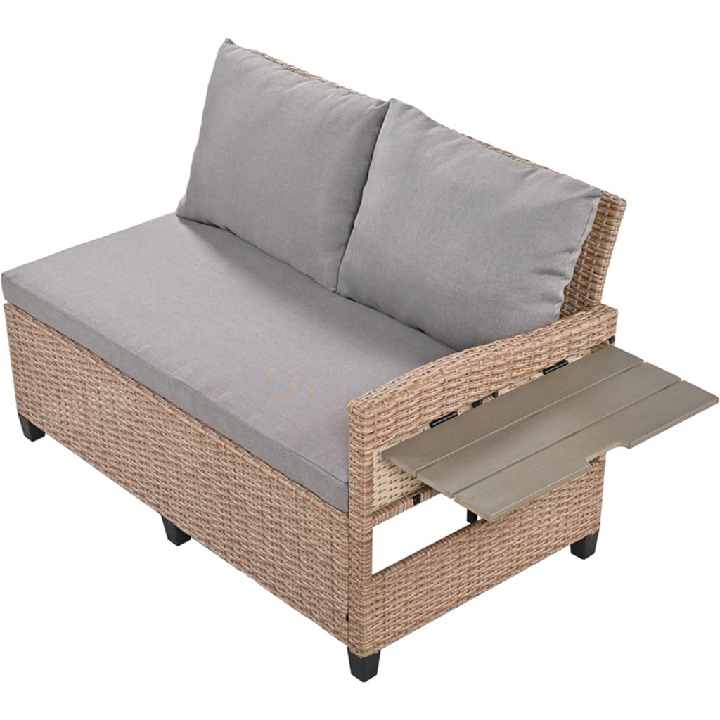 FZZDP 5-Piece Outdoor Patio Rattan Sofa Set, L-Shaped Garden Furniture Set with 2 Extendable Side Tables, Dining Table