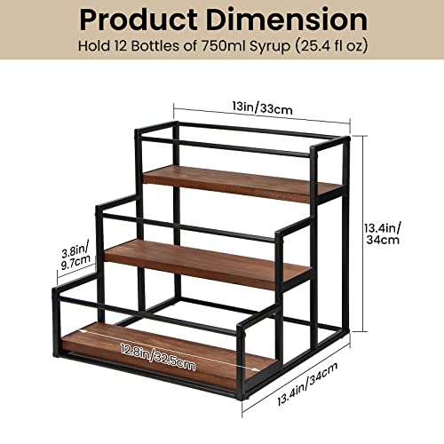 THYGIFTREE Syrup Bottle Holder Rack for Coffee Bar 3-Tier Coffee Syrup Organizer Stand 12 Bottles Storage Shelves for Syrup, Wine, Dressing for Kitchen Coffee Shop (Brown)