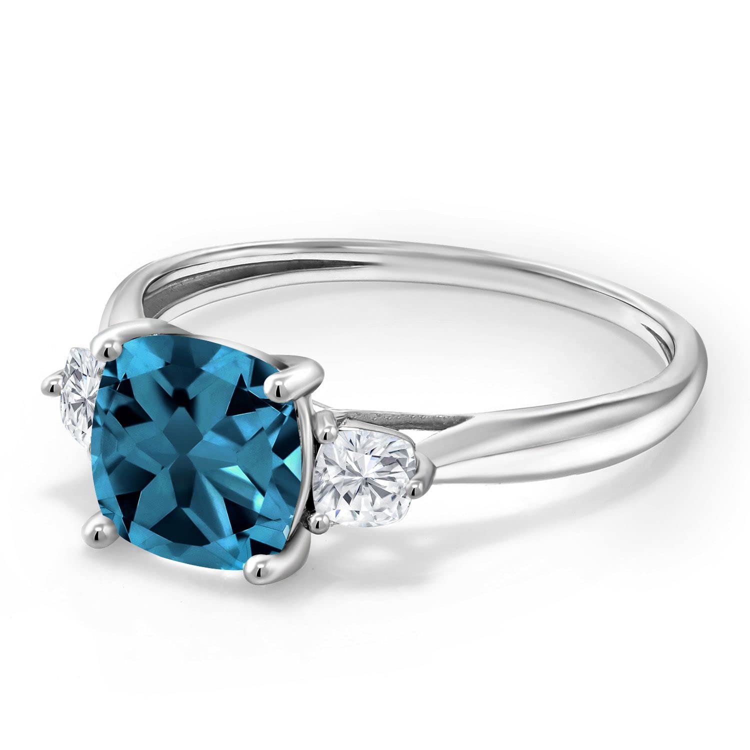 Gem Stone King 10K White Gold London Blue Topaz & White Moissanite 3 Stone Engagement Ring For Women | 2.11 Cttw | Cushion 7MM | Gemstone Birthstone (Size 9)