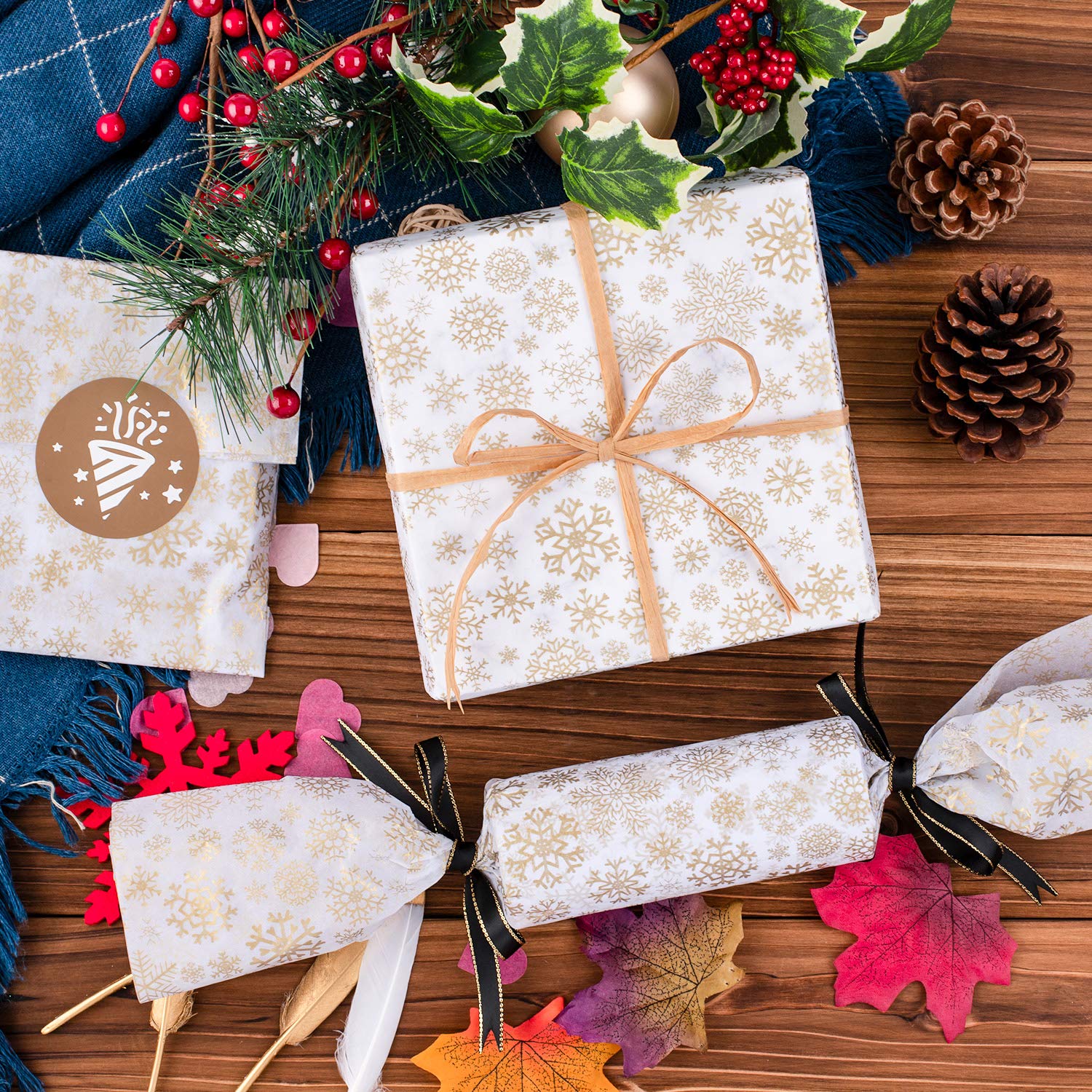 Whaline Snowflake Tissue Paper 20" x 28" Christmas Metallic Acid Free Wrapping Paper Bulk Big Size for Home, DIY and Craft, Gift Bags New Year Decorations, 60 Sheets (Gold)