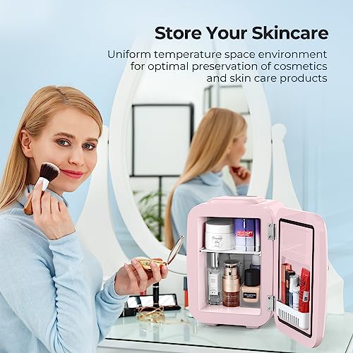 Tiastar Mini Fridge, 4 Liter /6 Cans Skincare Fridge for Bedroom, Dorm, Car, Office, 110V AC/ 12V DC Small Fridge, Thermoelectric Cooler and Warmer, Pink