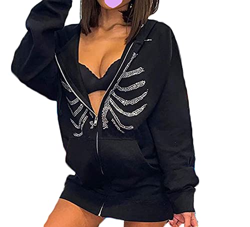 Women Y2K Long Sleeve Zip Up Hoodie Jacket Skull Vintage Casual Cardigan Sweatshirt with Pocket (Rhinestone Skeleton Black, S)