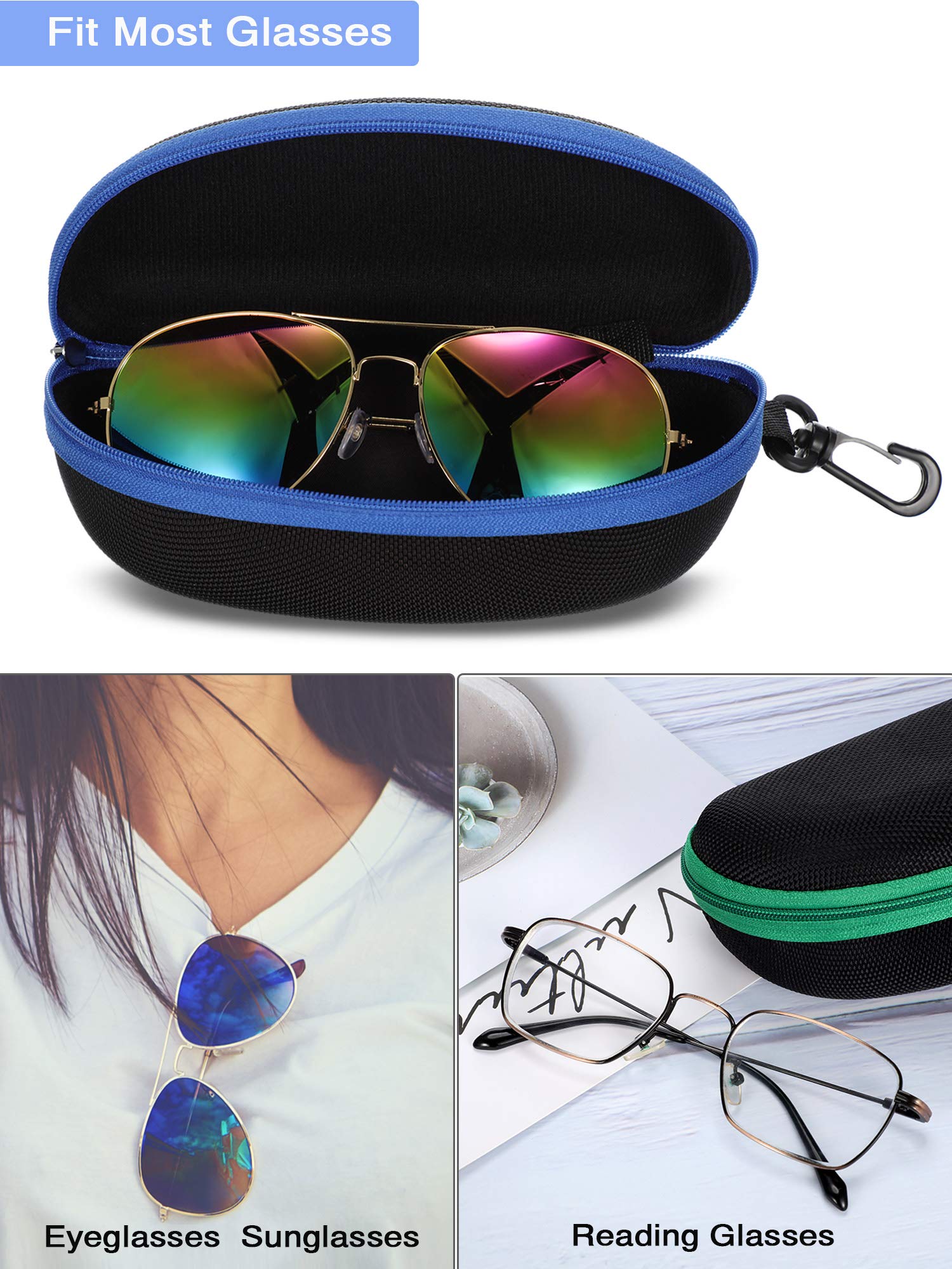 Frienda 6 Pack Sunglasses Glasses Case Portable Hard Sunglasses Case Travel Zipper Eyeglass Case Sunglasses Travel Case with Cloth and Hook, 6 Colors