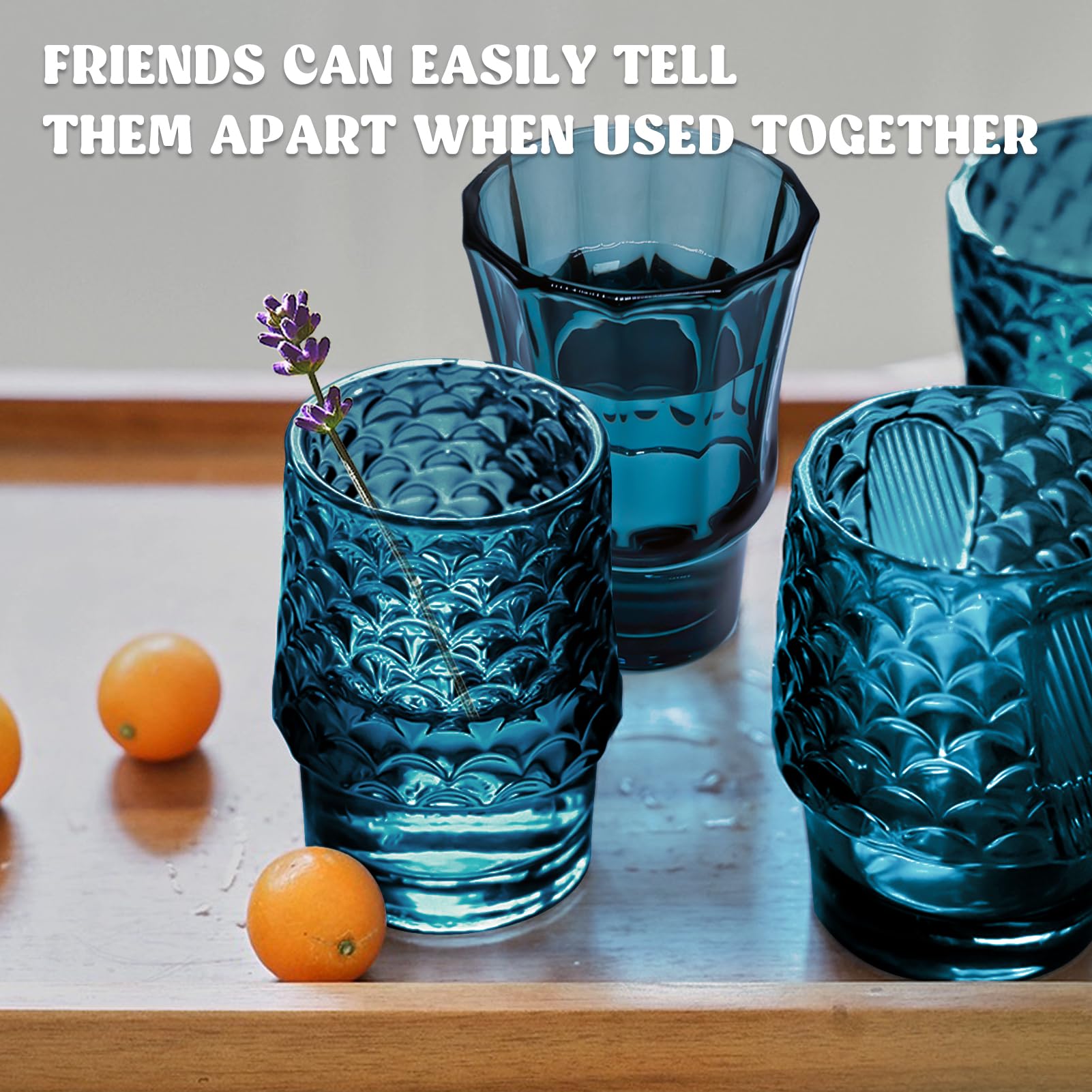 UPZAI 12oz Fish Design Drinking Glasses Set of 4, Stackable Old Fashioned Glass Cups Kitchen Glassware, Home Decor Aesthetic Water Cups for Beside Beverage Juice Coffee Beer Cocktail Whiskey (Blue)