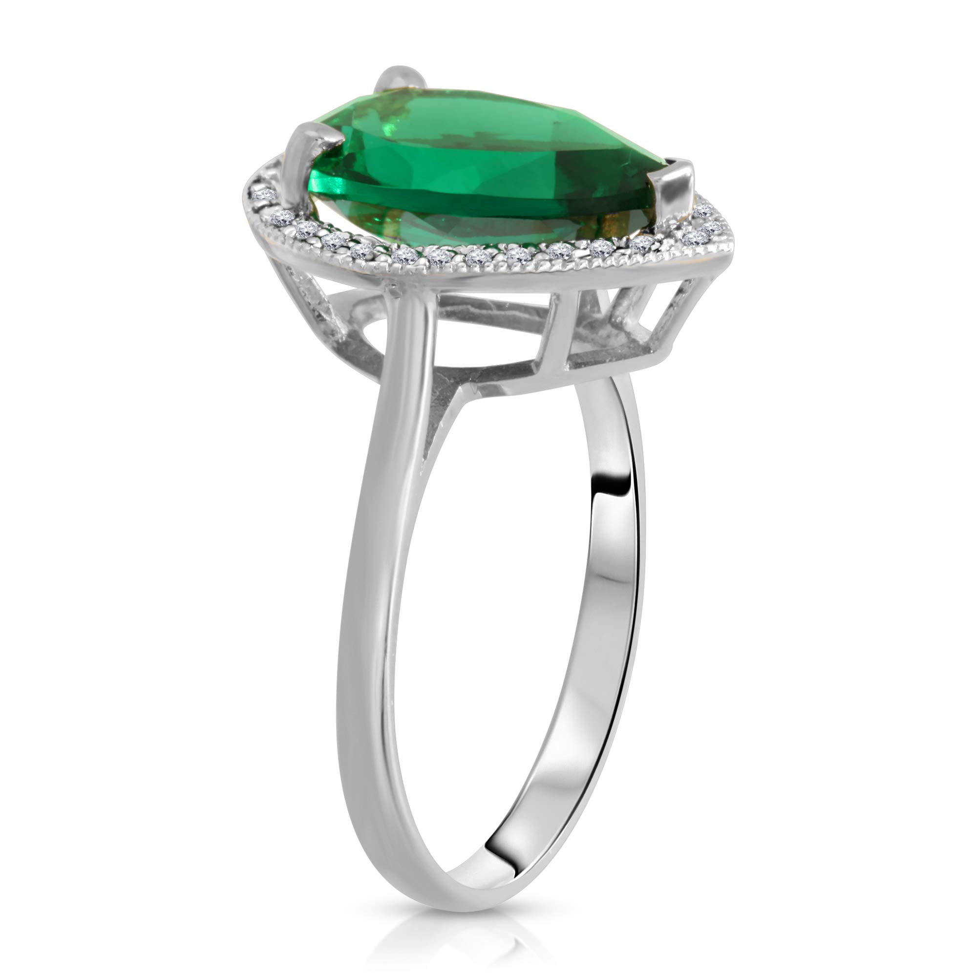 Galaxy Gold GG 3.16 Carat Total Weight 14K Solid White Gold Emerald with Natural Diamonds Halo Ring Brilliant Pear Tear Drop Shape Cut and Round Diamonds (6.5)